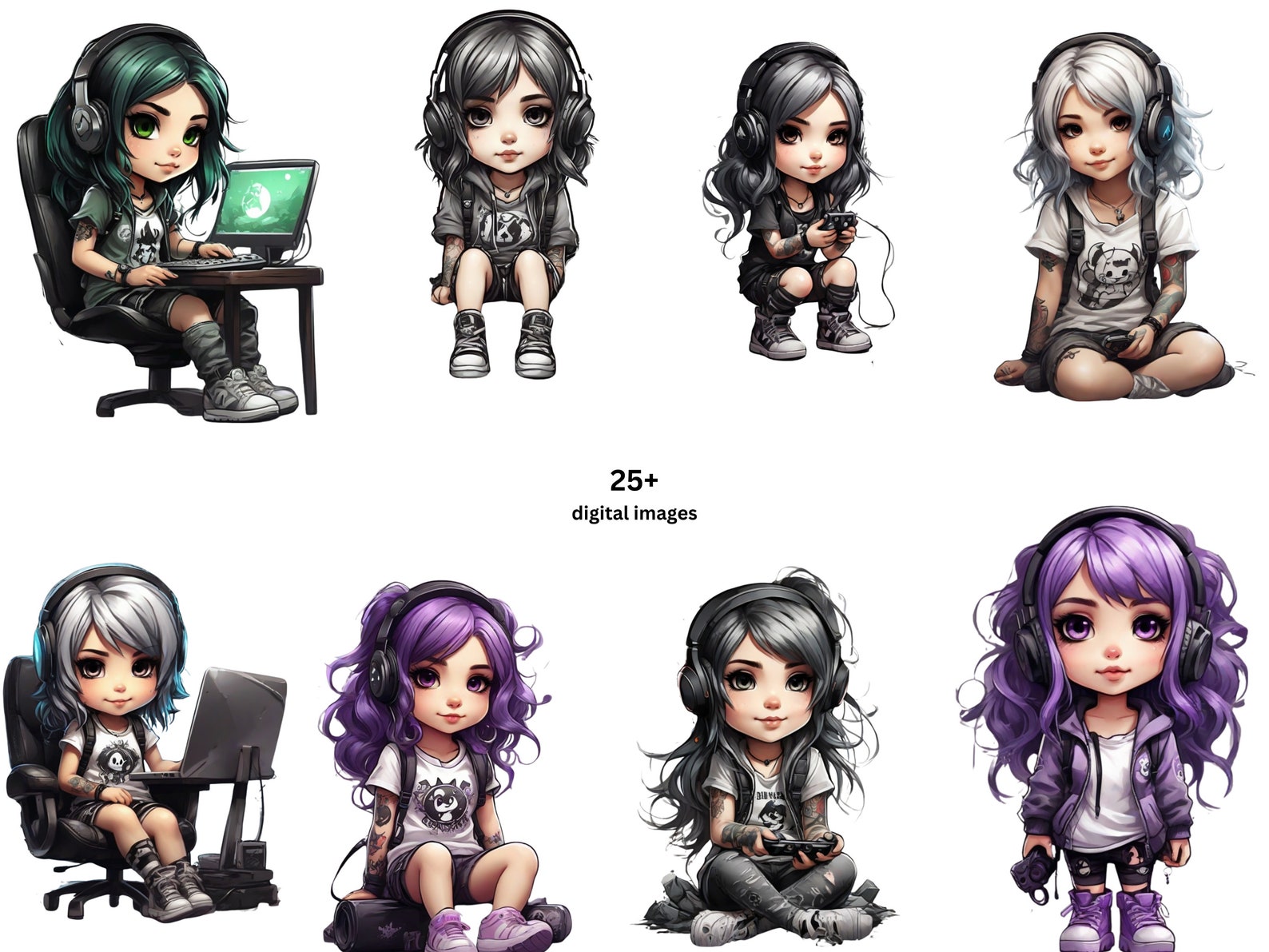 Cute Gamer Girl Sticker Gaming Planner Clipart Chibi Bundle Free ...