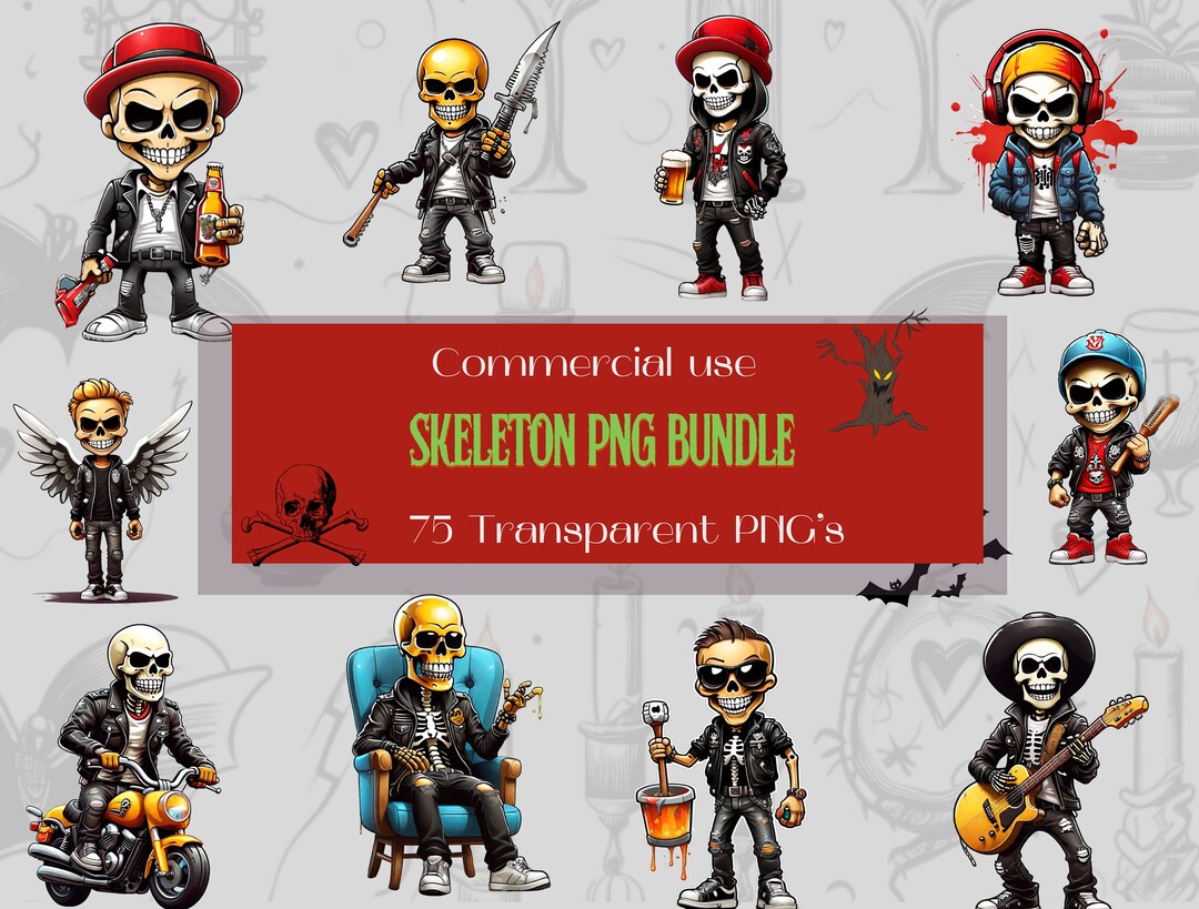 Cool Skeletons Clipart PNG Bundle, Clipart, T-shirt Design, Skeleton ...