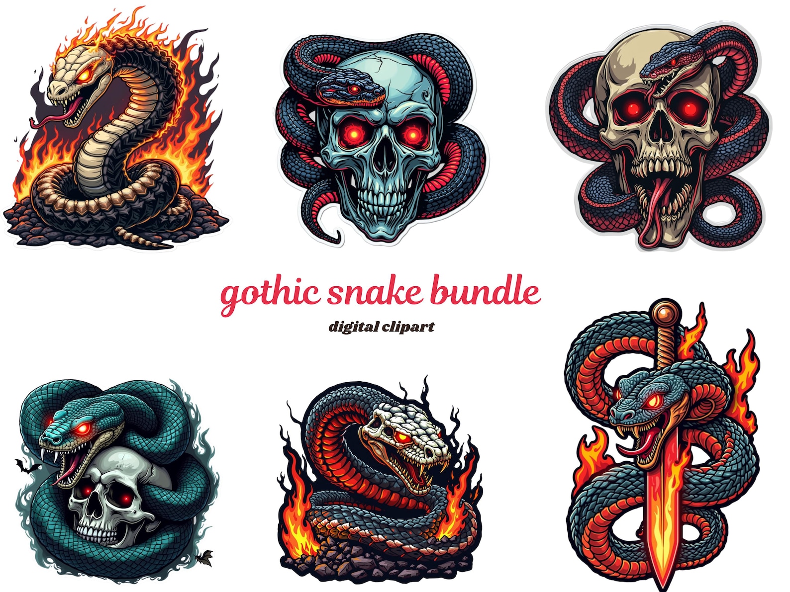 45+ Gothic Snake PNG Bundle, Dark Fantasy Skull Serpent, Tattoo Flash ...