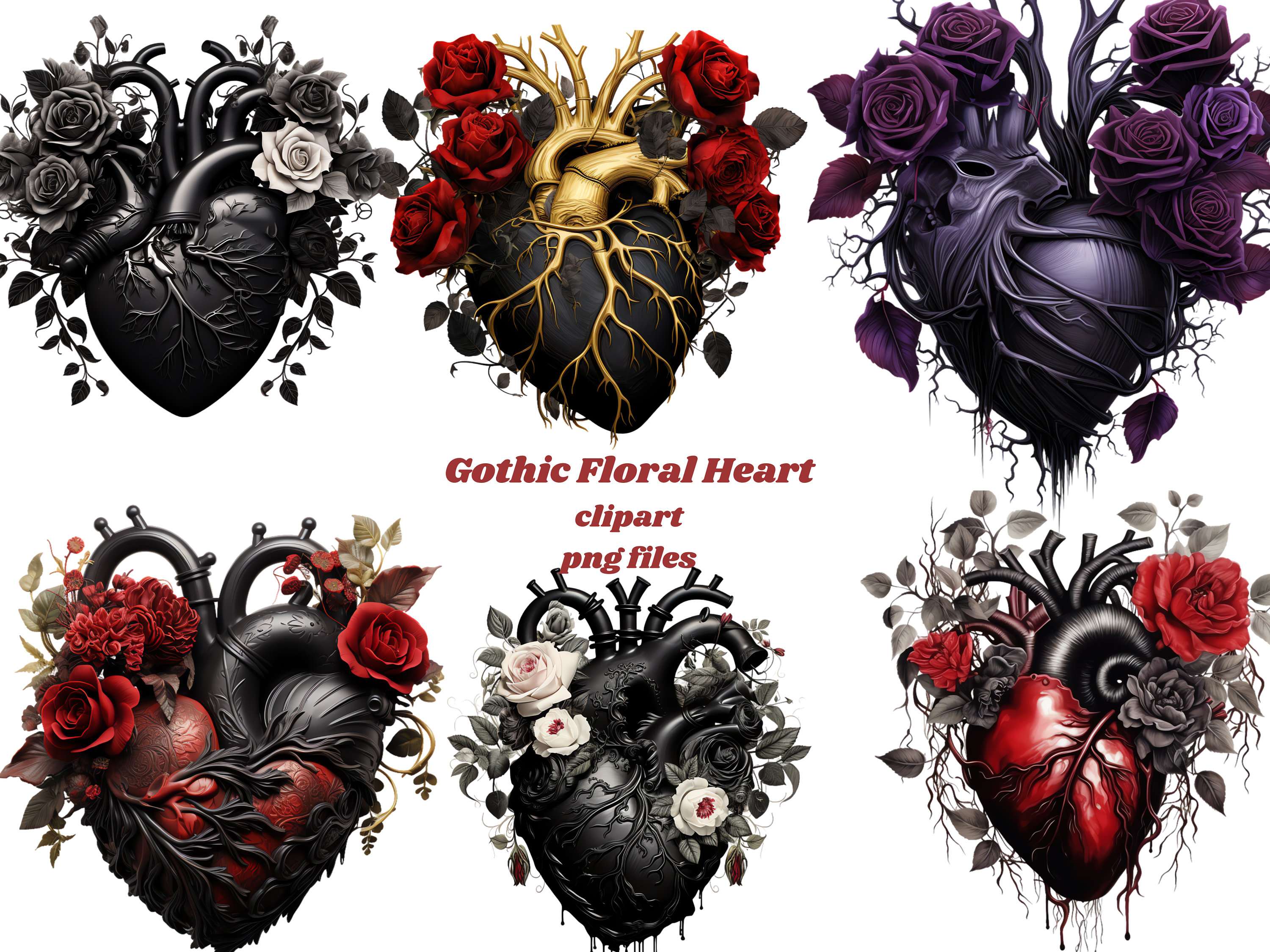 35+ Gothic Anatomical Heart PNG Bundle, Floral Human Heart Clipart ...