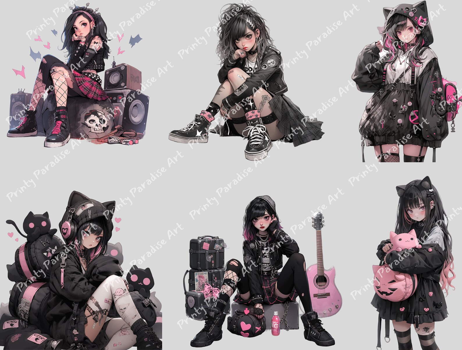 20+ Sitting Gothic Anime Girl PNG Bundle, Lofi Chill Waifu Clipart ...