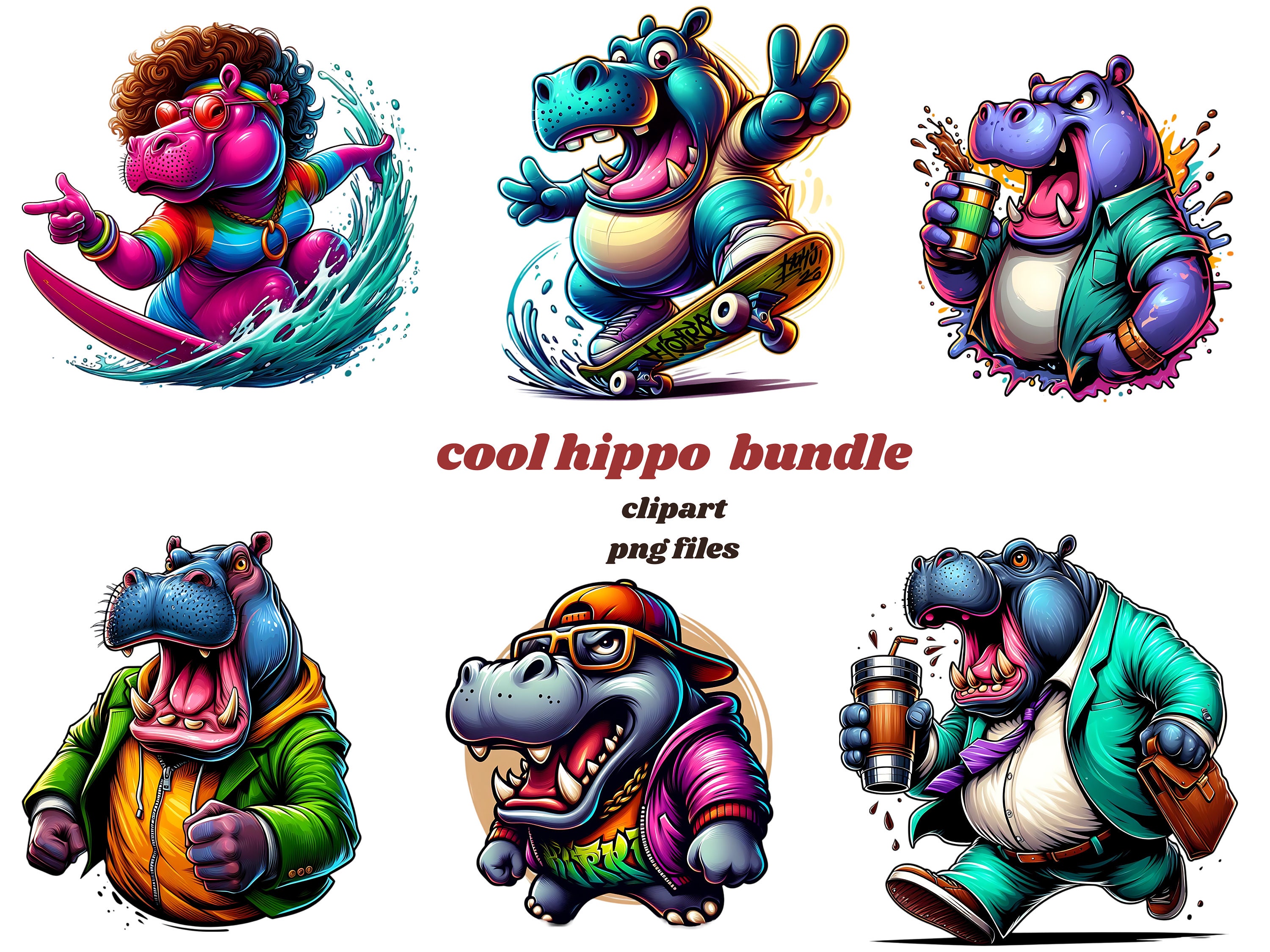 Cool Hippo T-shirt Design PNG Bundle, Commercial Use, Digital, Download ...