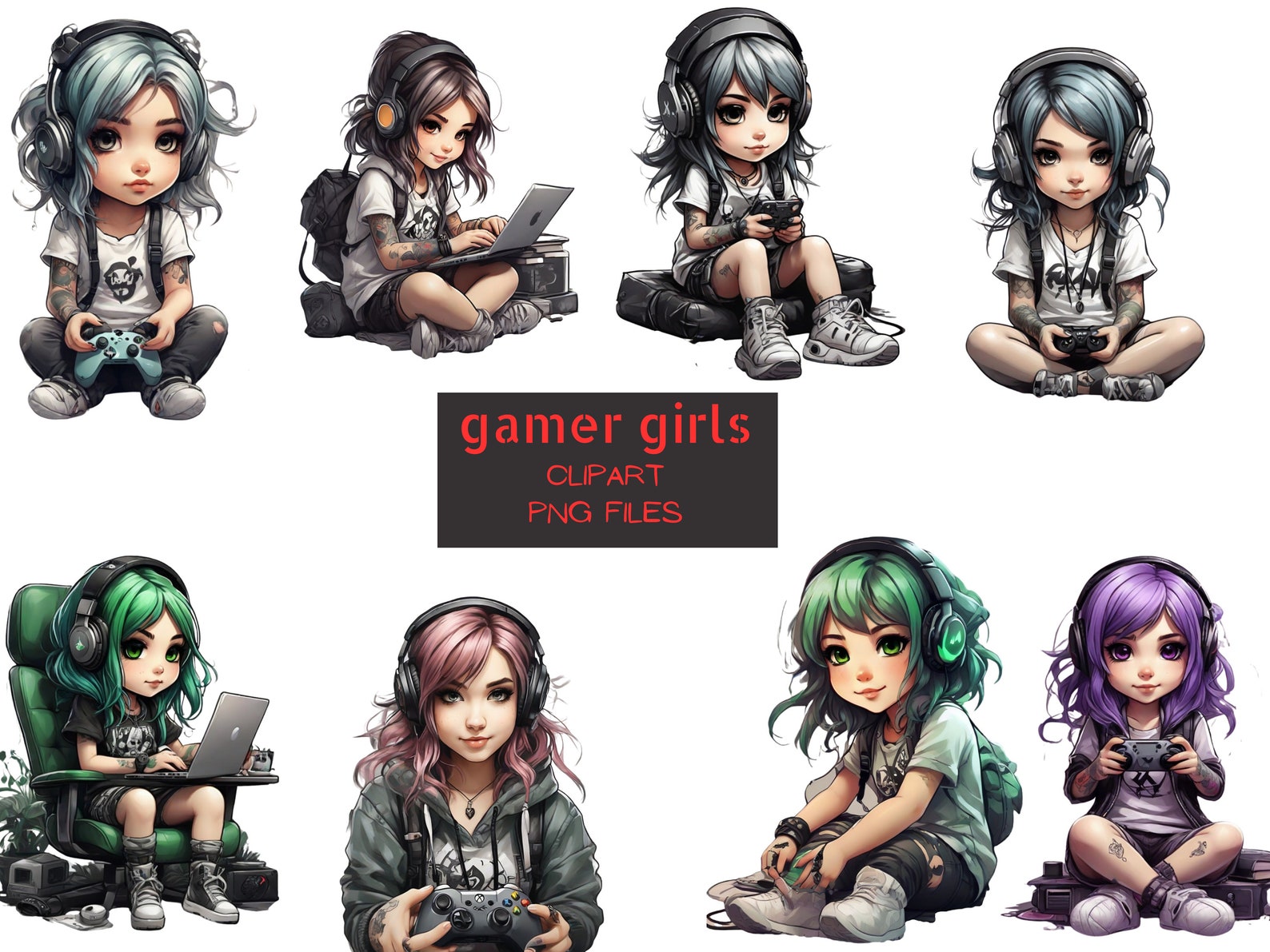 Cute Gamer Girl Sticker Gaming Planner Clipart Chibi Bundle Free ...