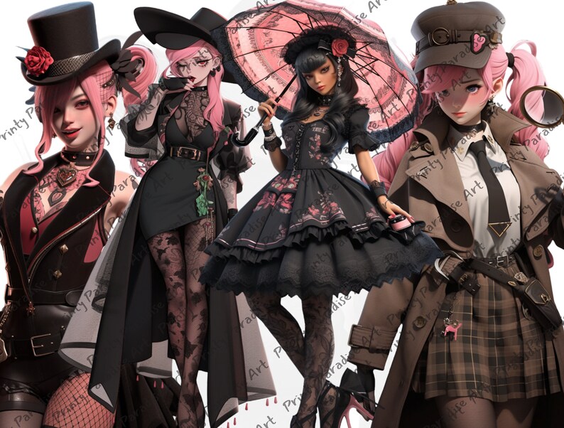 Gothic Anime Badass Girl Clipart Bundle 100 Goth Characters Transparent ...