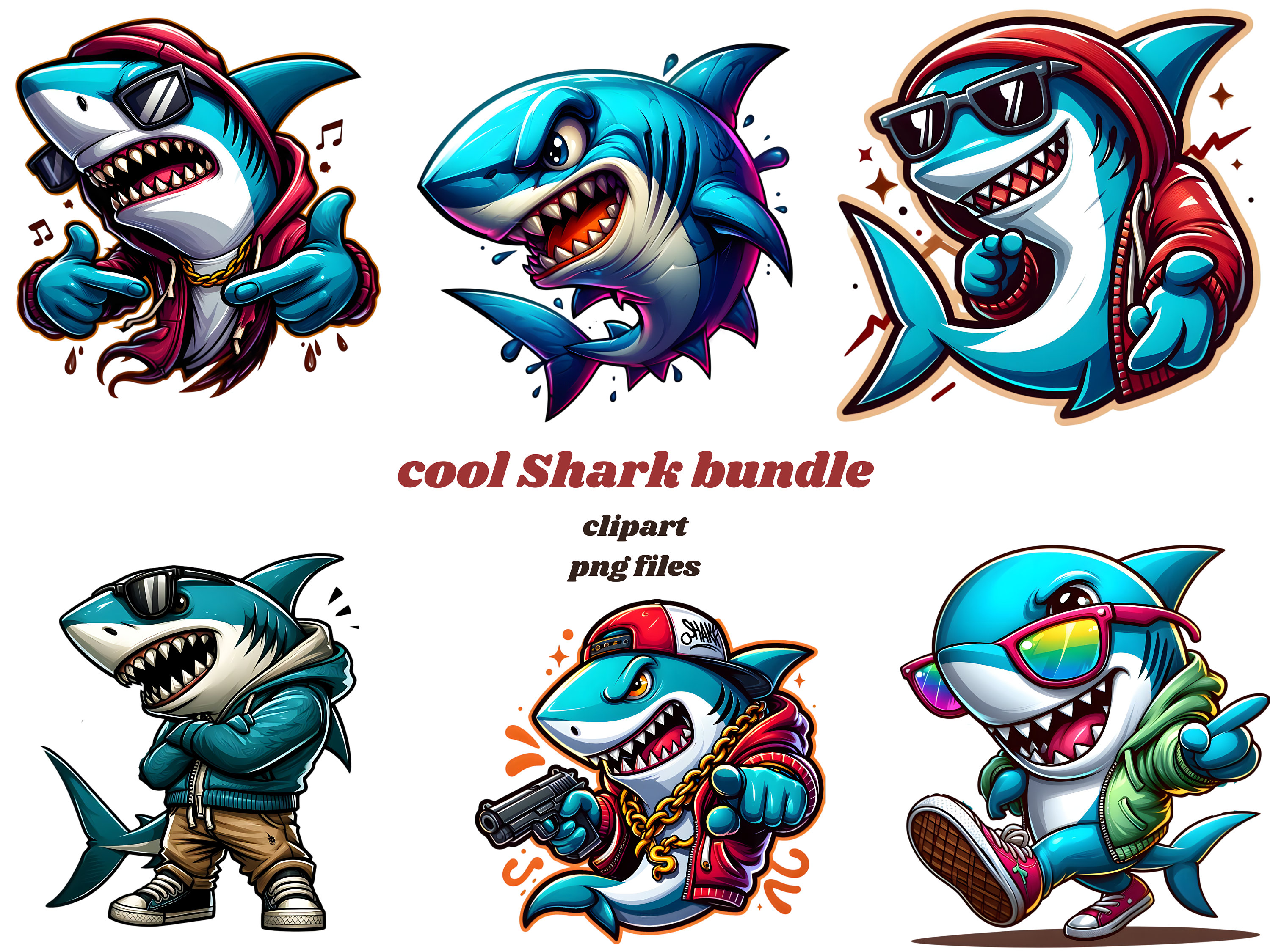 Cool Shark T-shirt Design PNG Bundle, Commercial Use, Digital, Download ...
