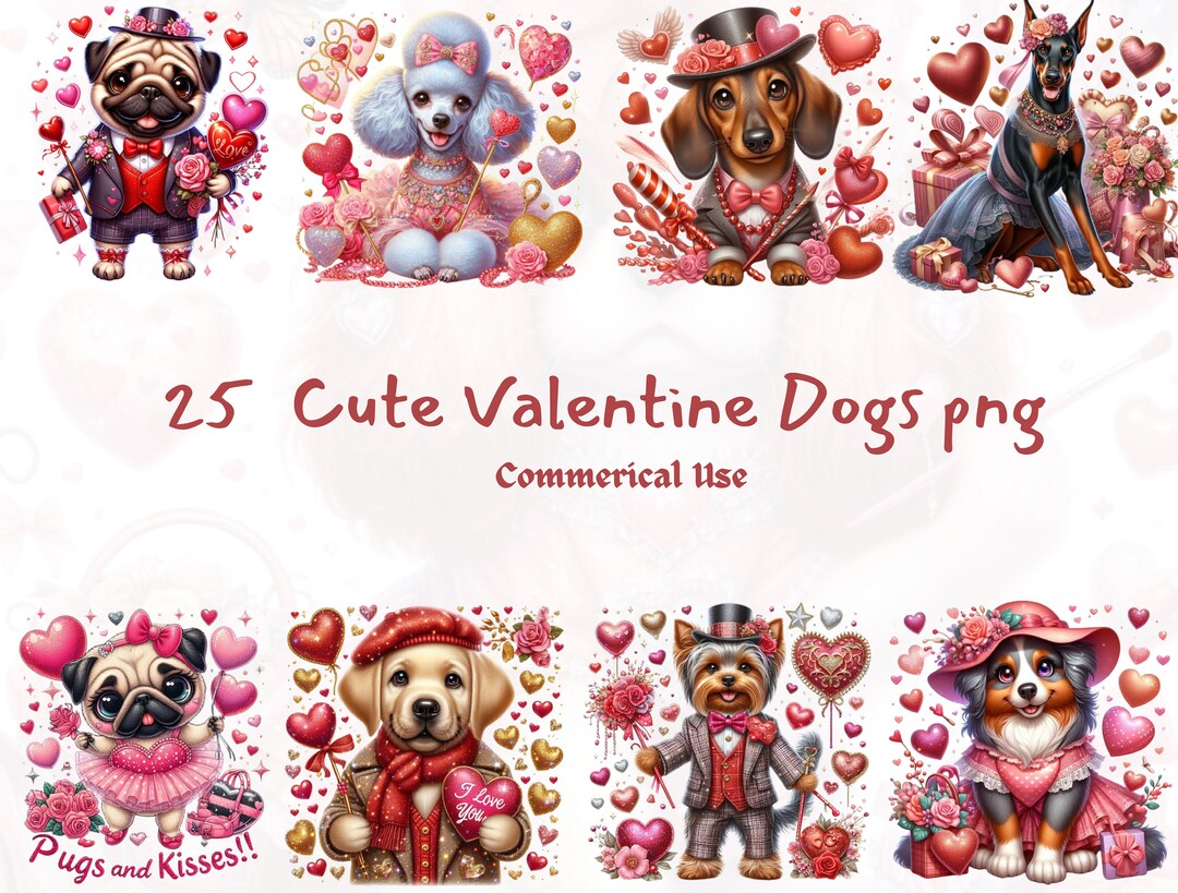 Valentines Dogs Collection Clipart, 25 PNG Valentines Day Clipart, Cute ...