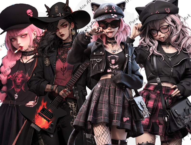 Gothic Anime Badass Girl Clipart Bundle 100 Goth Characters Transparent ...