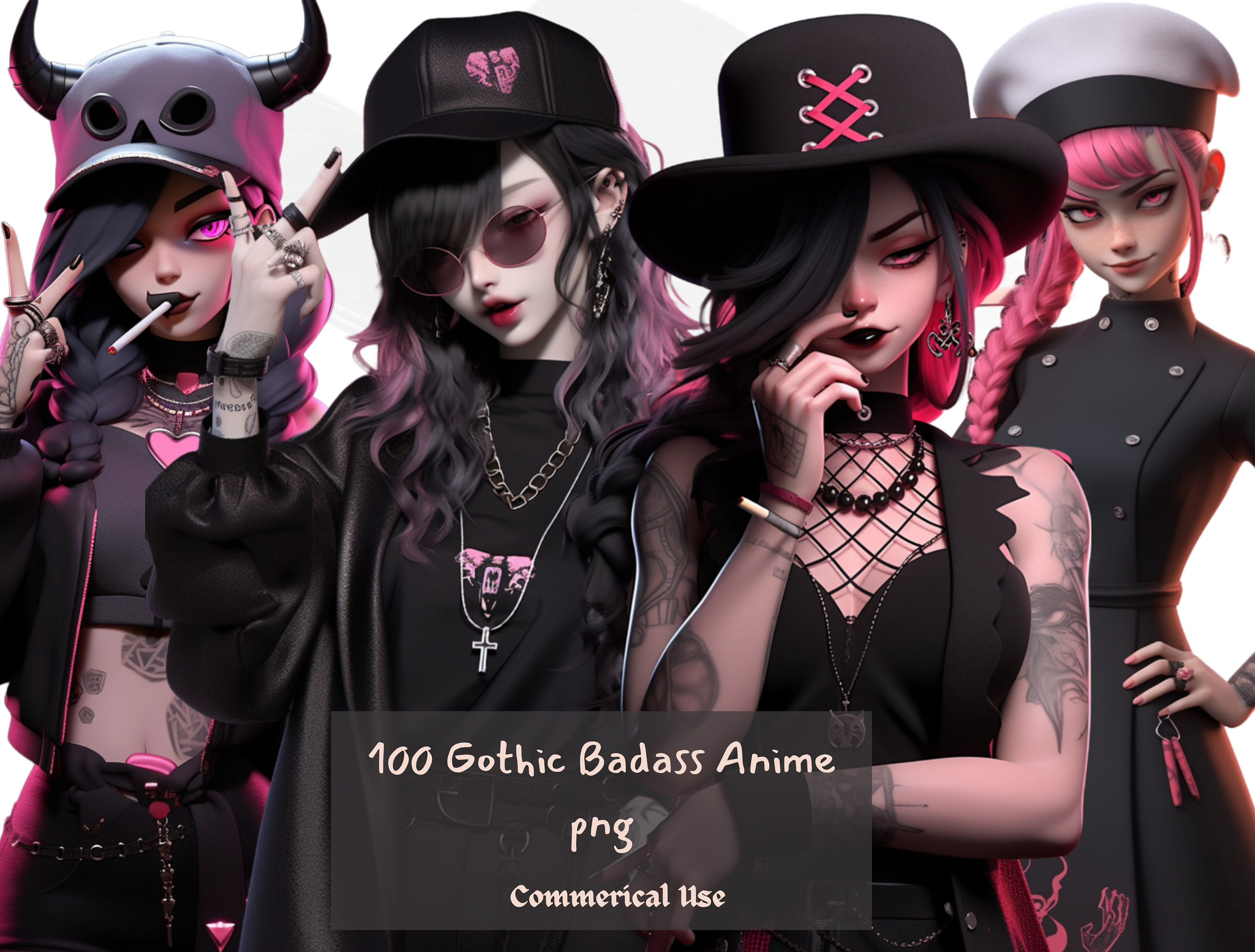 Gothic Anime Badass Girl Clipart Bundle 100 Goth Characters Transparent ...