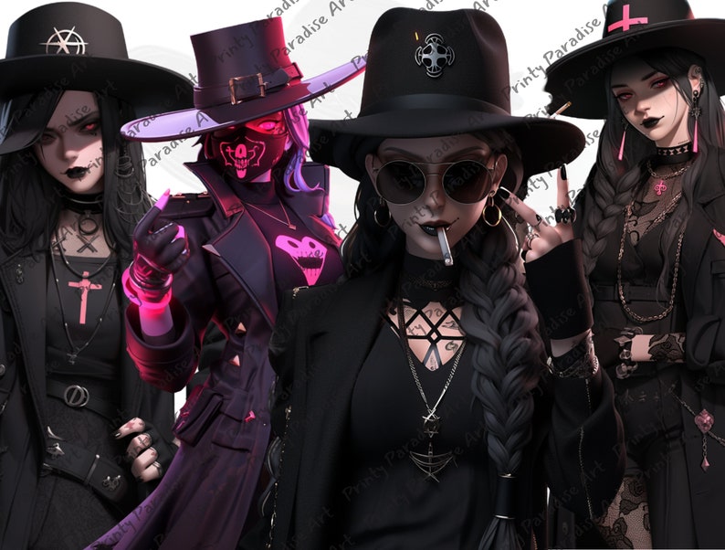 Gothic Anime Badass Girl Clipart Bundle 100 Goth Characters Transparent ...