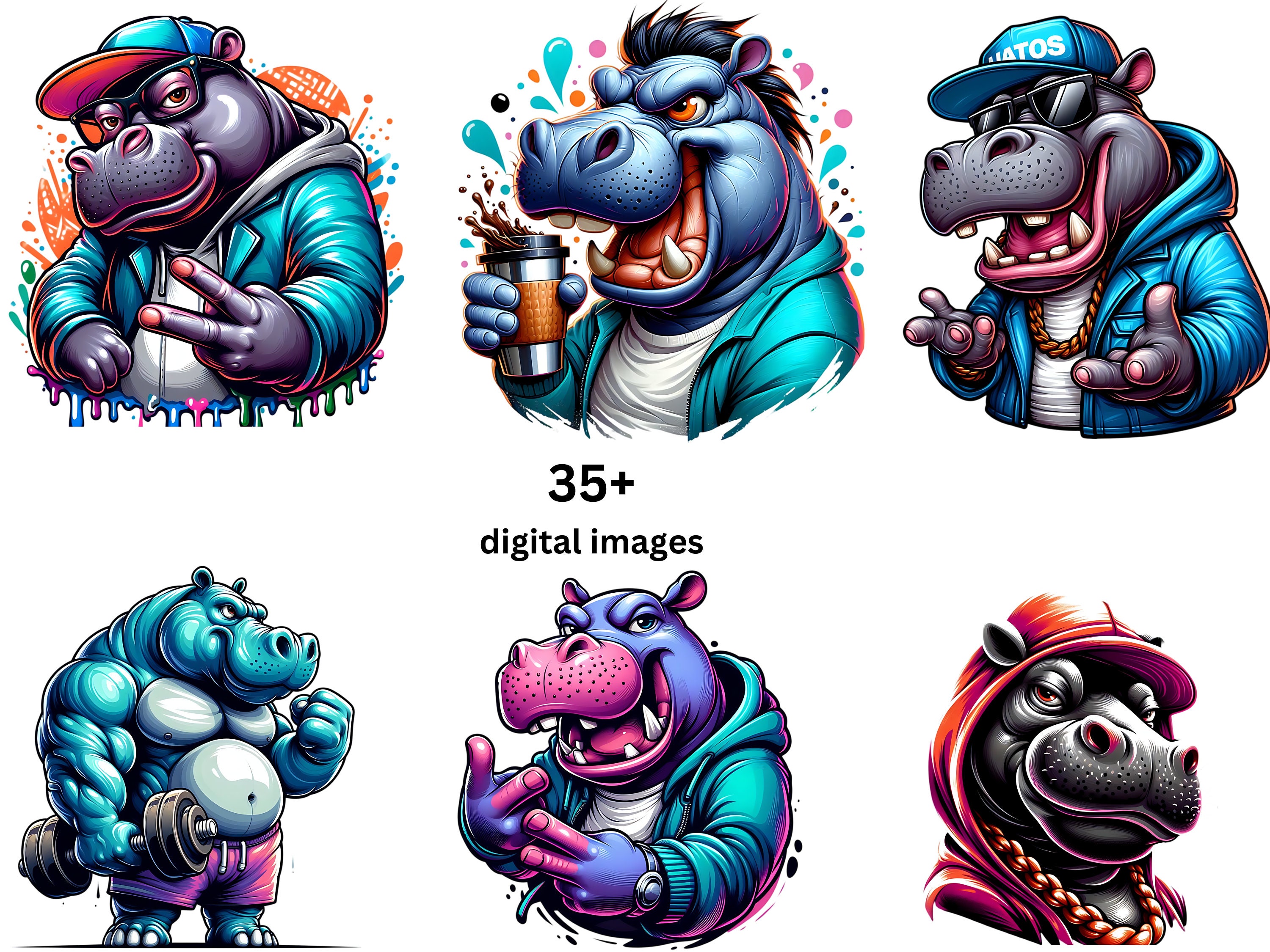 Cool Hippo T-shirt Design PNG Bundle, Commercial Use, Digital, Download ...