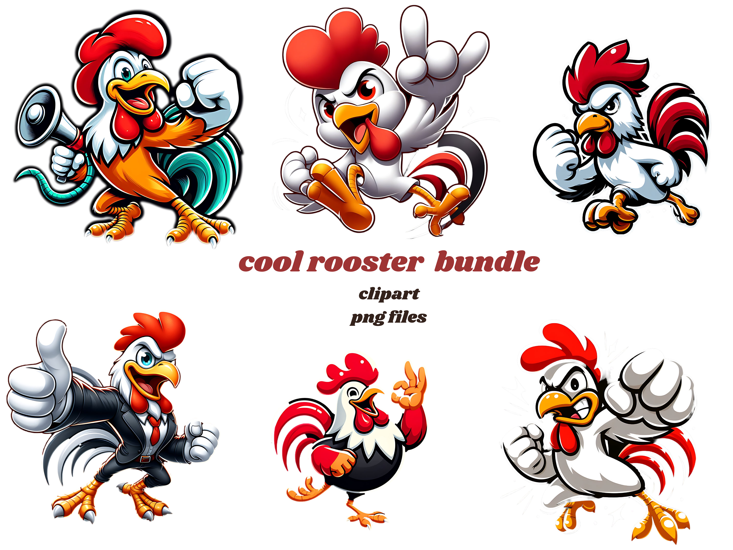 Cool Rooster Clipart PNG Bundle, Commercial Use, Digital, Download ...