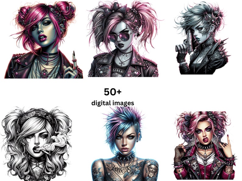 Gothic Punk Girl Clipart Bundle, Commercial Use, T-shirt Design, 50 ...