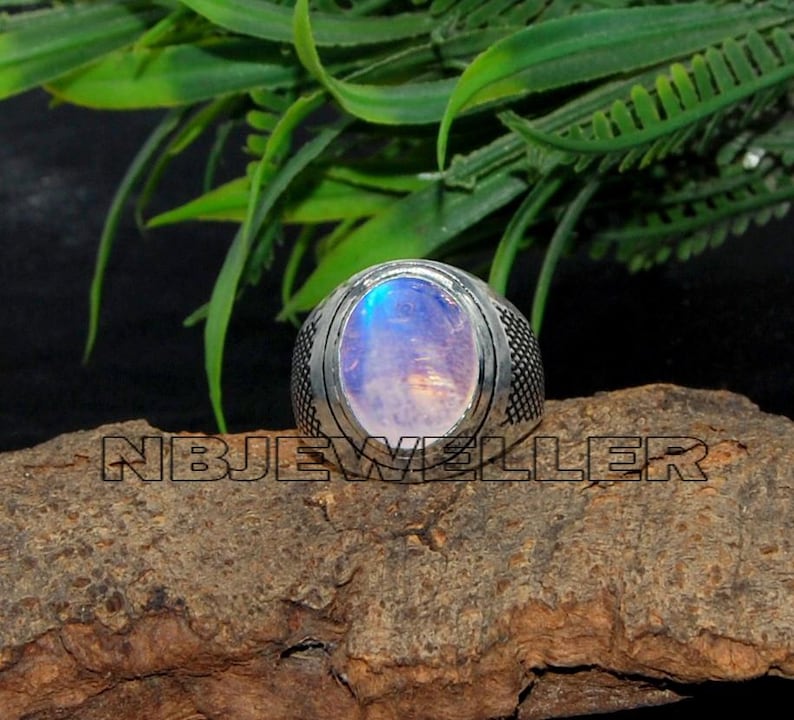 Men's Rainbow Moonstone Signet Ring: Sterling Silver Boho Jewelry - Etsy