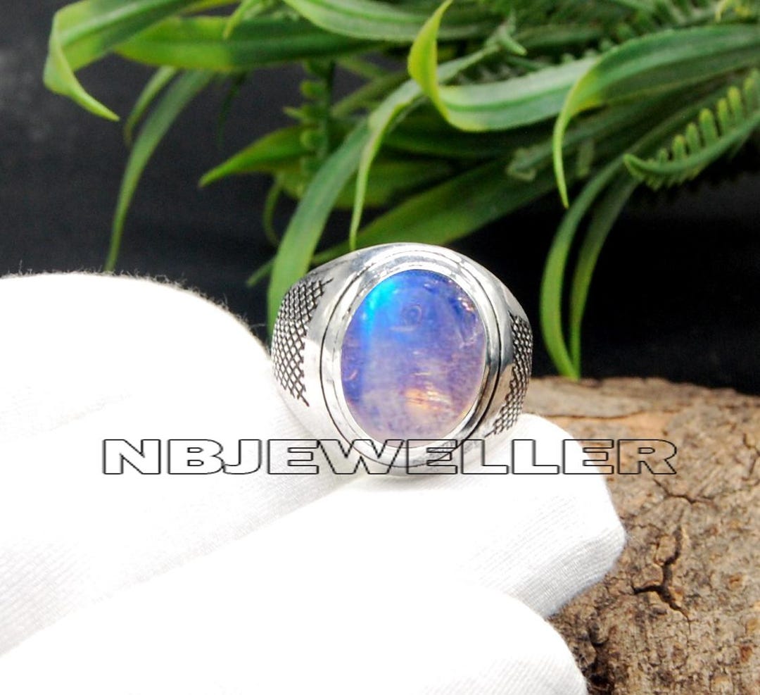 Men's Rainbow Moonstone Signet Ring: Sterling Silver Boho Jewelry - Etsy