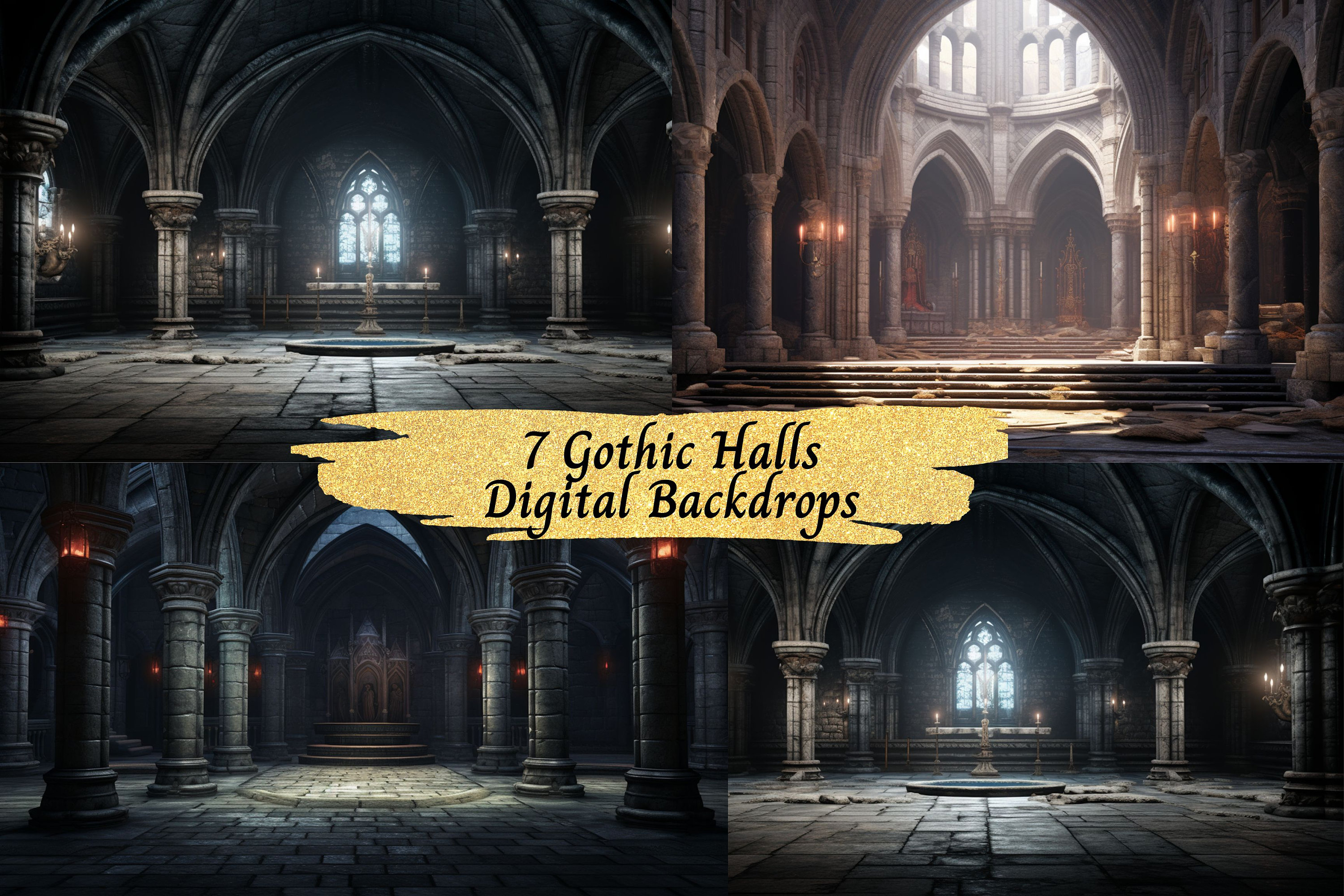 Set of 7 Gothic Arches Hallway Digital Backdrops Mysterious and ...