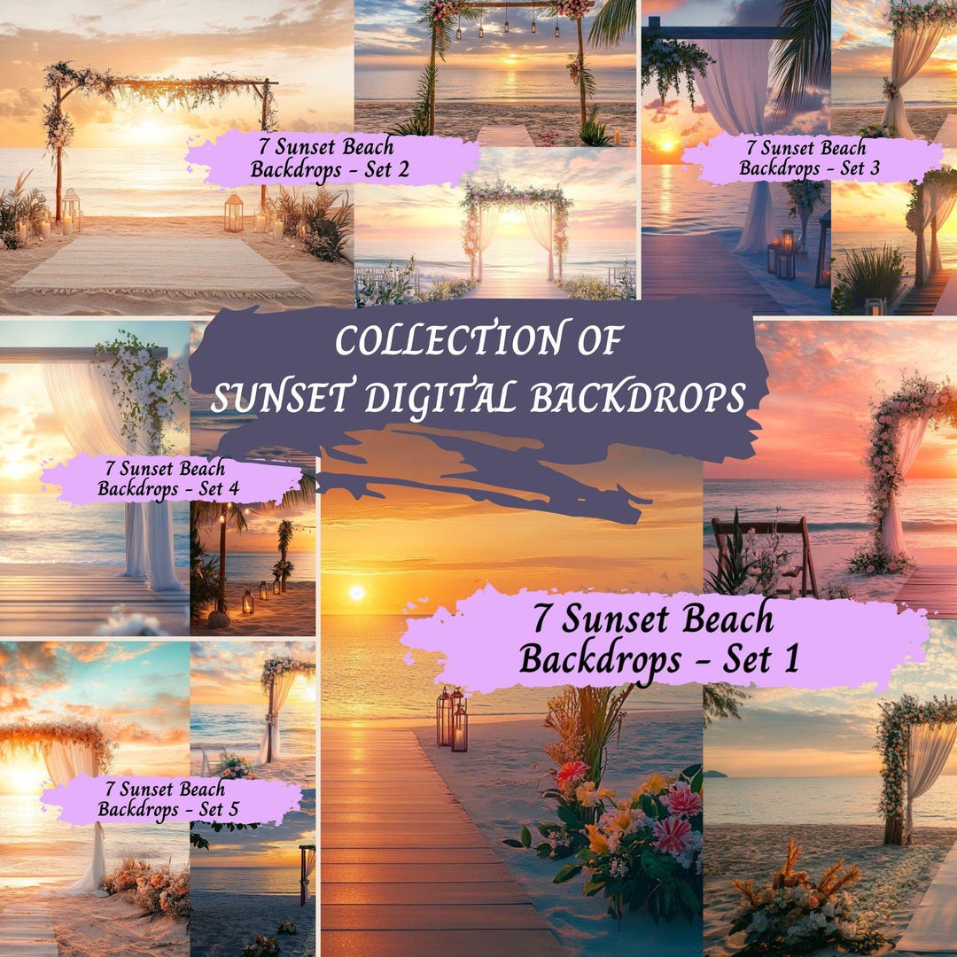 Mega Collection of 5 Sets of Beach Sunset Digital Backdrops, 35 High ...