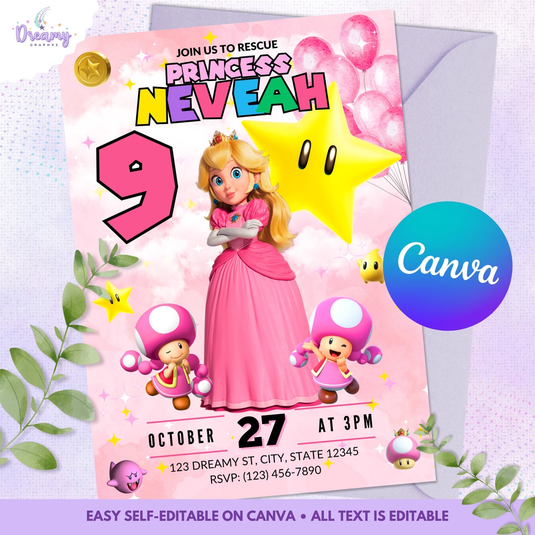 Princess Peach Birthday, Digital Template, Super Mario Bros, Super ...