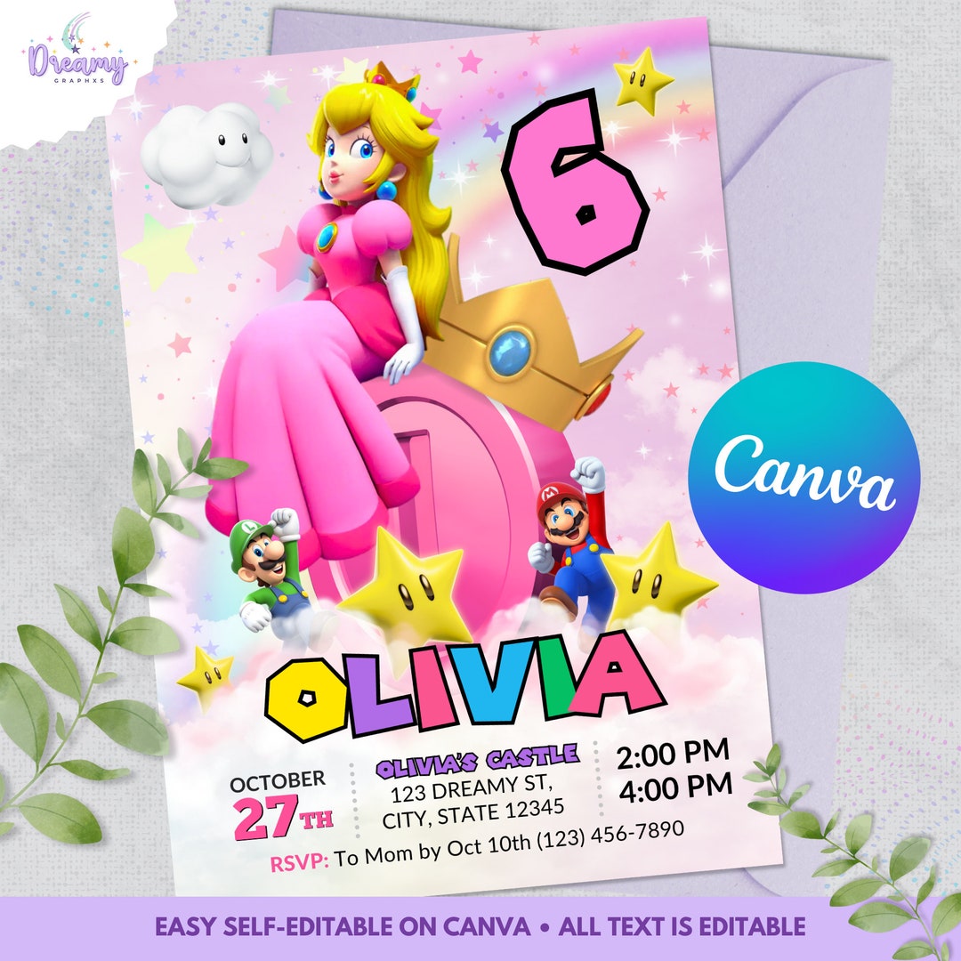 Princess Peach Invitation, Princess Birthday Invite, Mario Digital ...