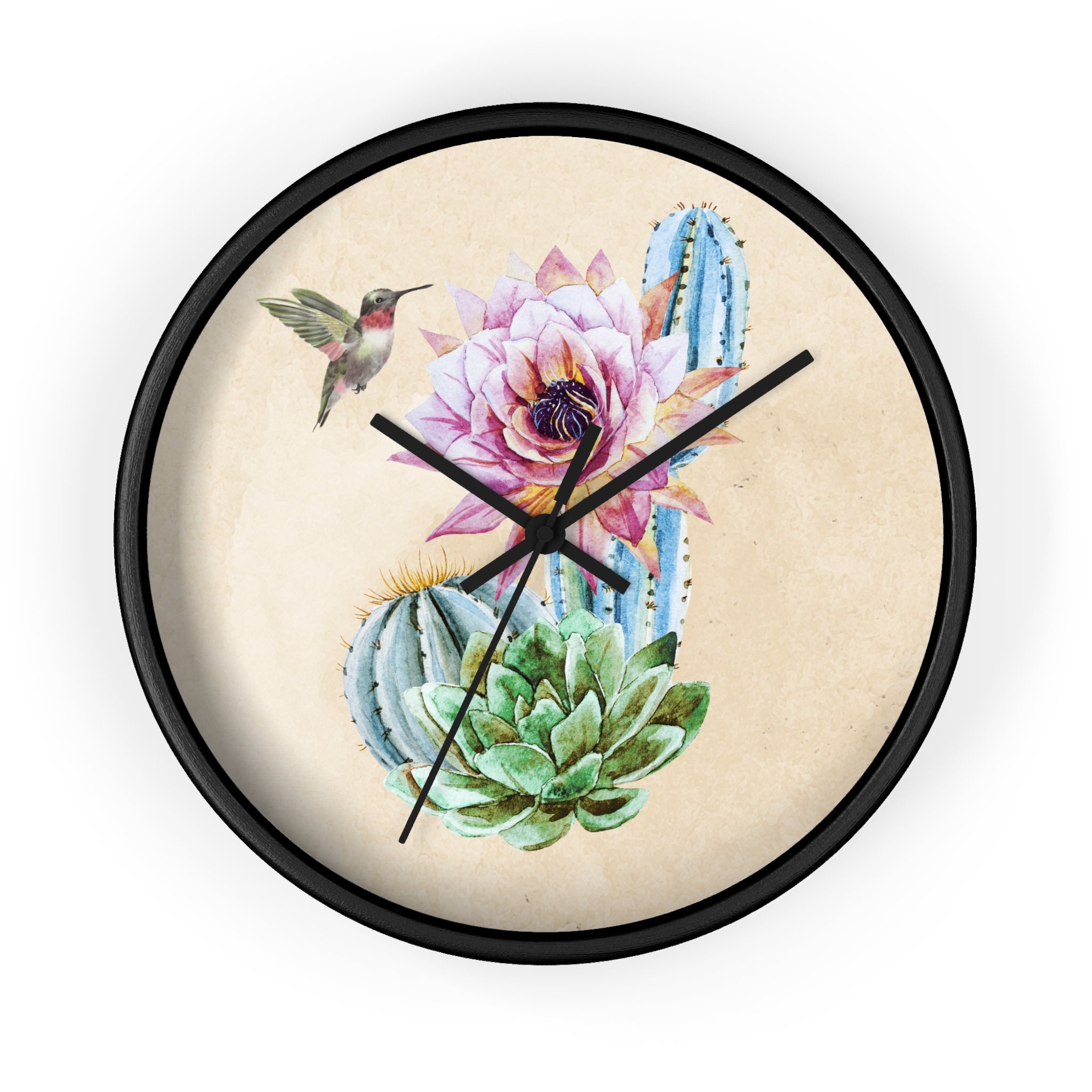 Cactus Wall Clock 10-inch Desert Wall Clock Cactus Flower Hummingbird ...