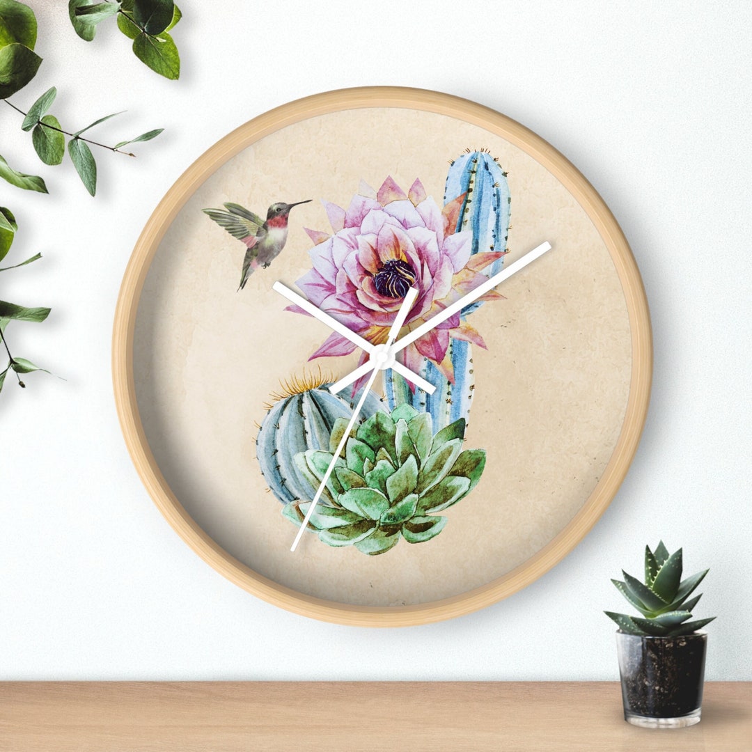 Cactus Wall Clock 10-inch Desert Wall Clock Cactus Flower Hummingbird ...