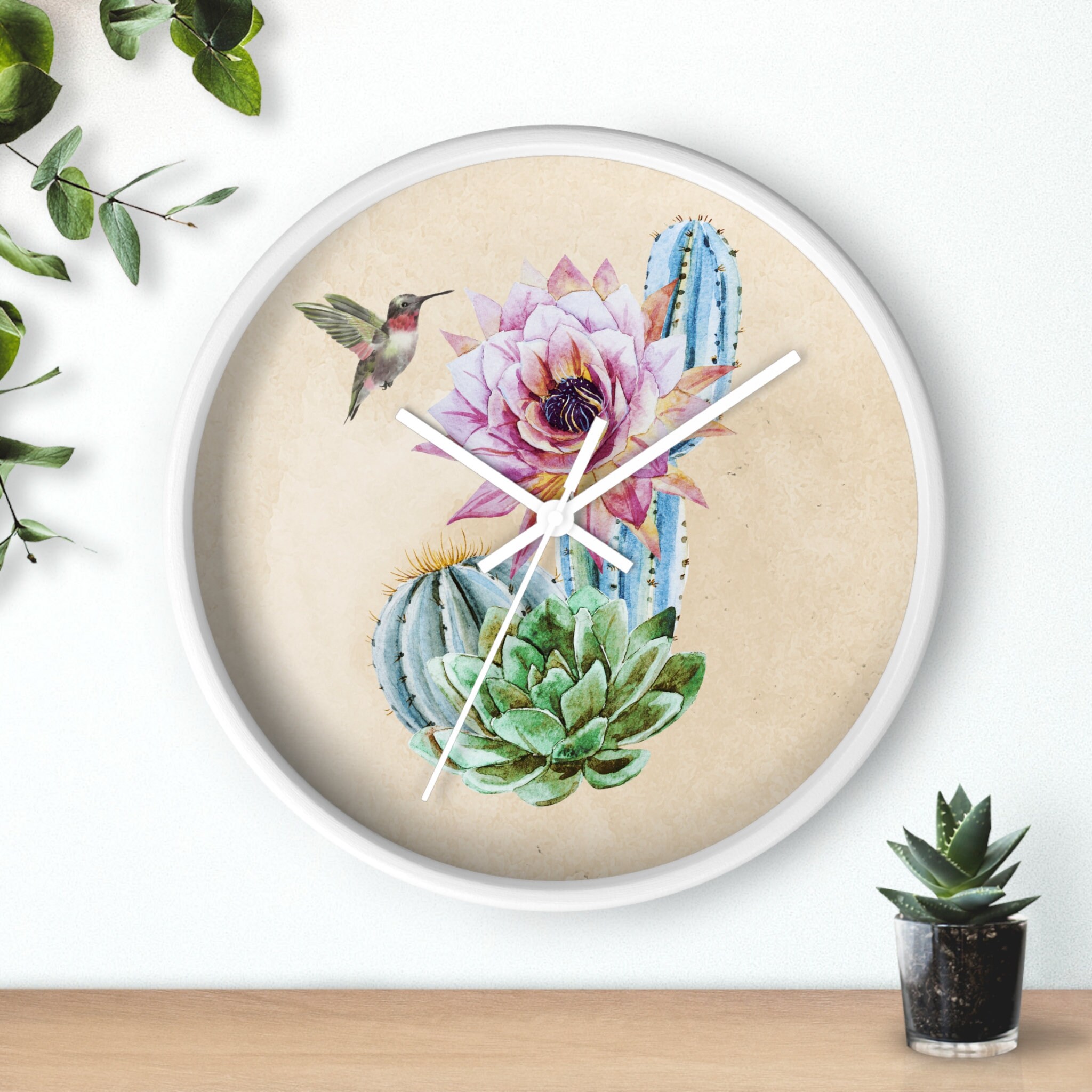 Cactus Wall Clock 10-inch Desert Wall Clock Cactus Flower Hummingbird ...