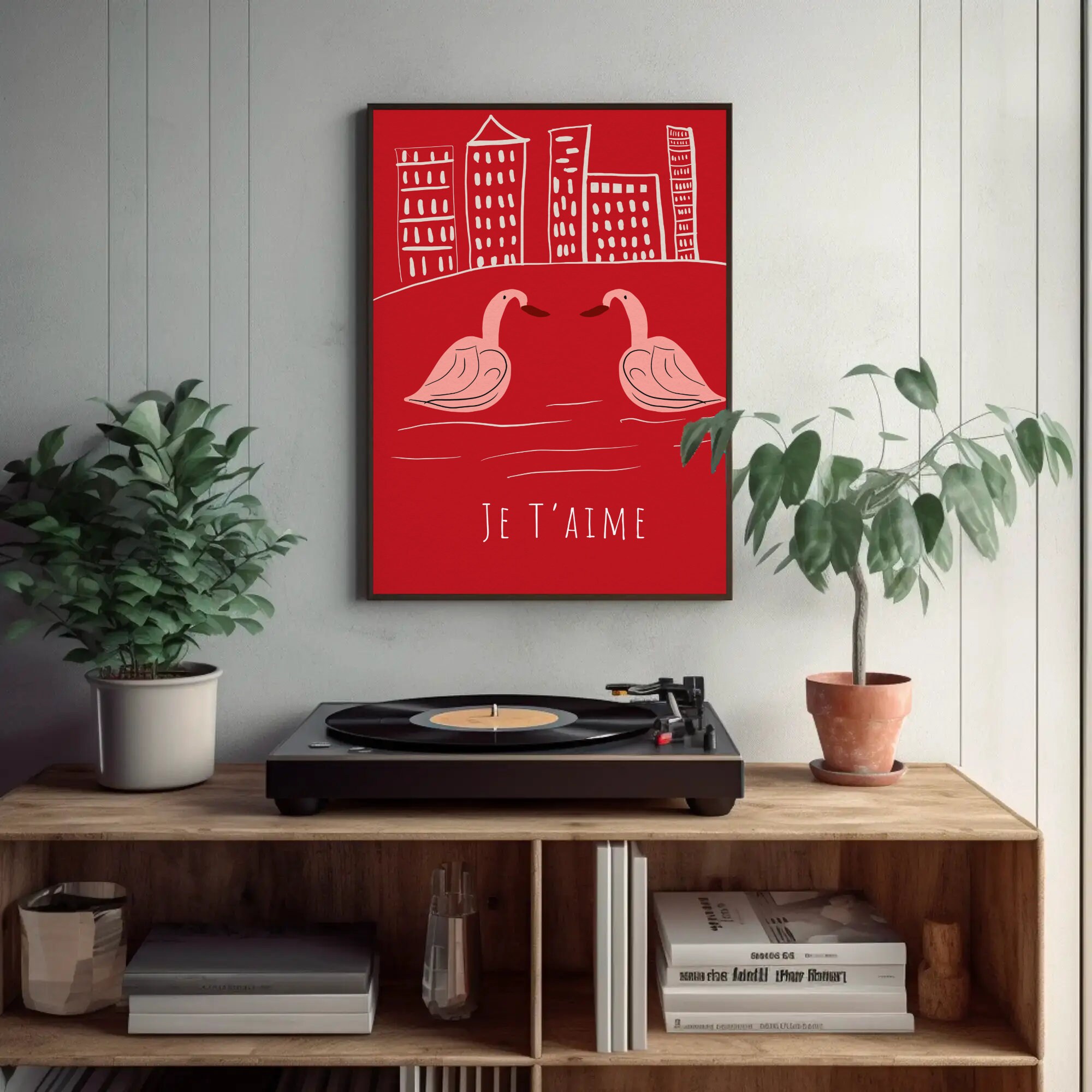 Je T'aime Minimalist Abstract Red Swans Modern Digital Decor Romantic ...