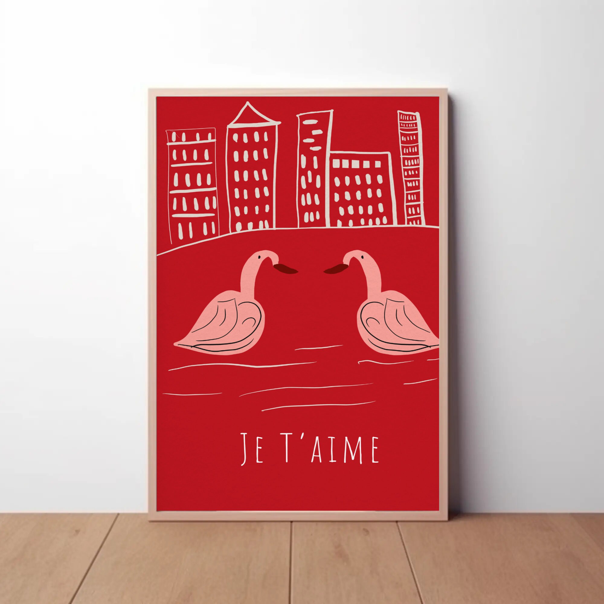 Je T'aime Minimalist Abstract Red Swans Modern Digital Decor Romantic ...