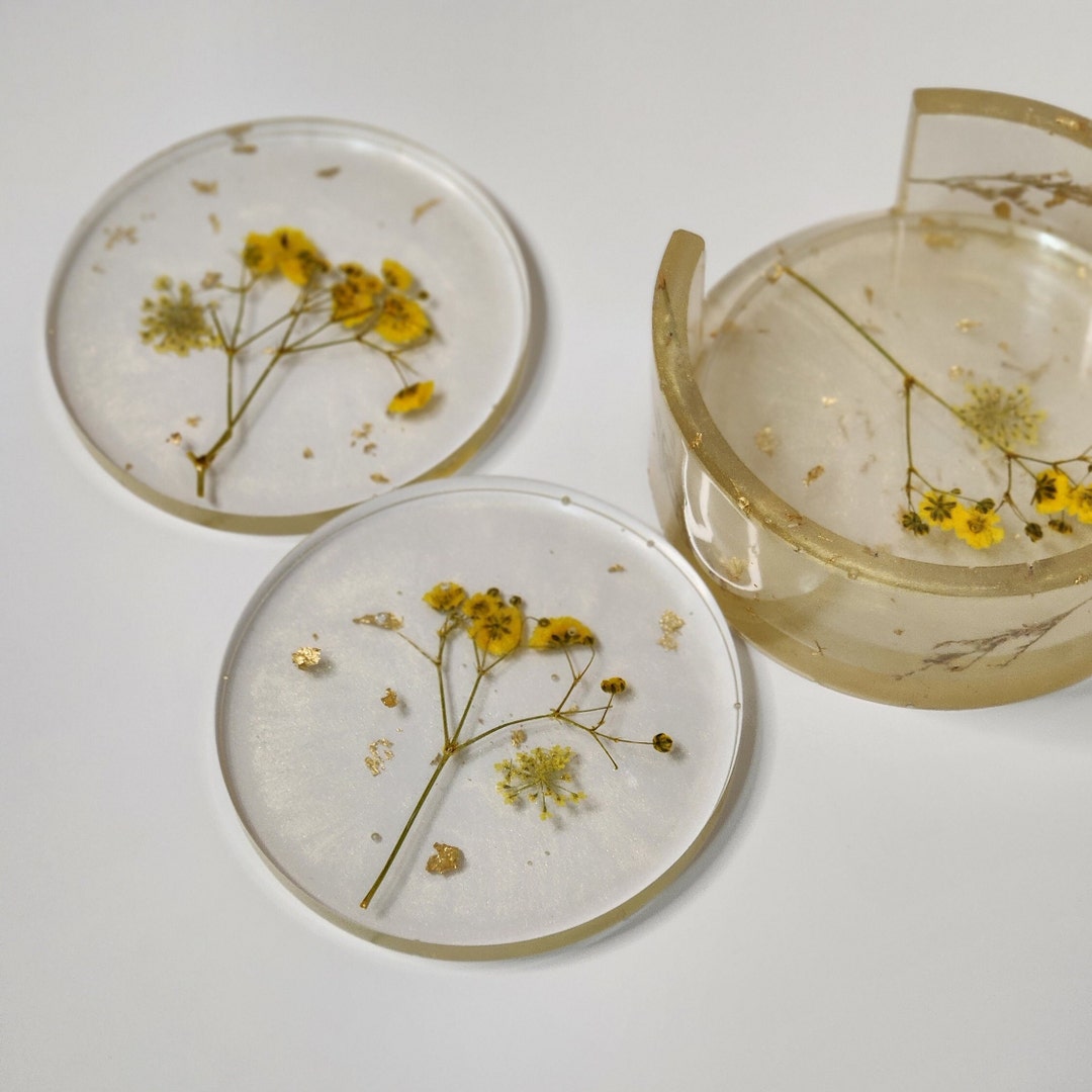 Pressed Flowers and Leaves Coaster Set With Radiant Yellow Blossoms and ...