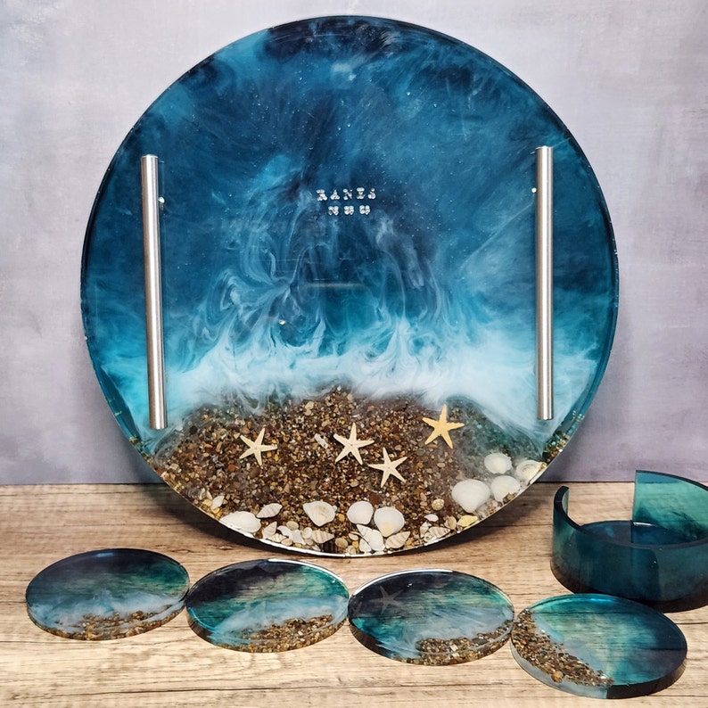 Handmade Epoxy Resin Tray With Silver Handles, Shells and Starfish ...