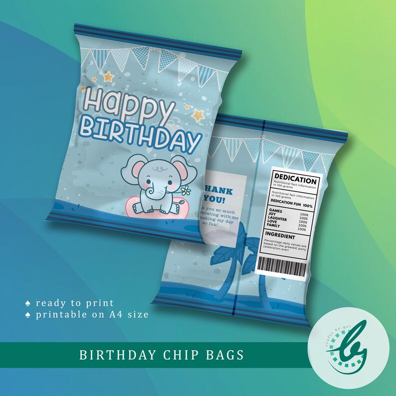Elephant Theme Birthday Party Chip Bags, Lootbag, Ready to Print ...