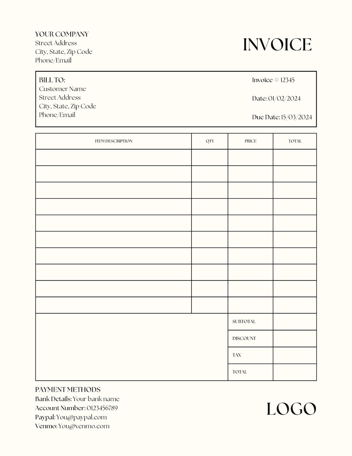 Minimalist Invoice Template Word, Small Business Invoice Editable ...