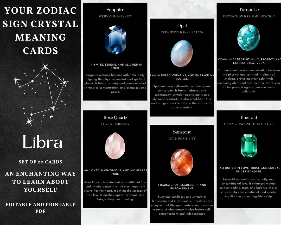 20 Editable Crystal Meaning Cards Printable Libra Zodiac Sign - Etsy