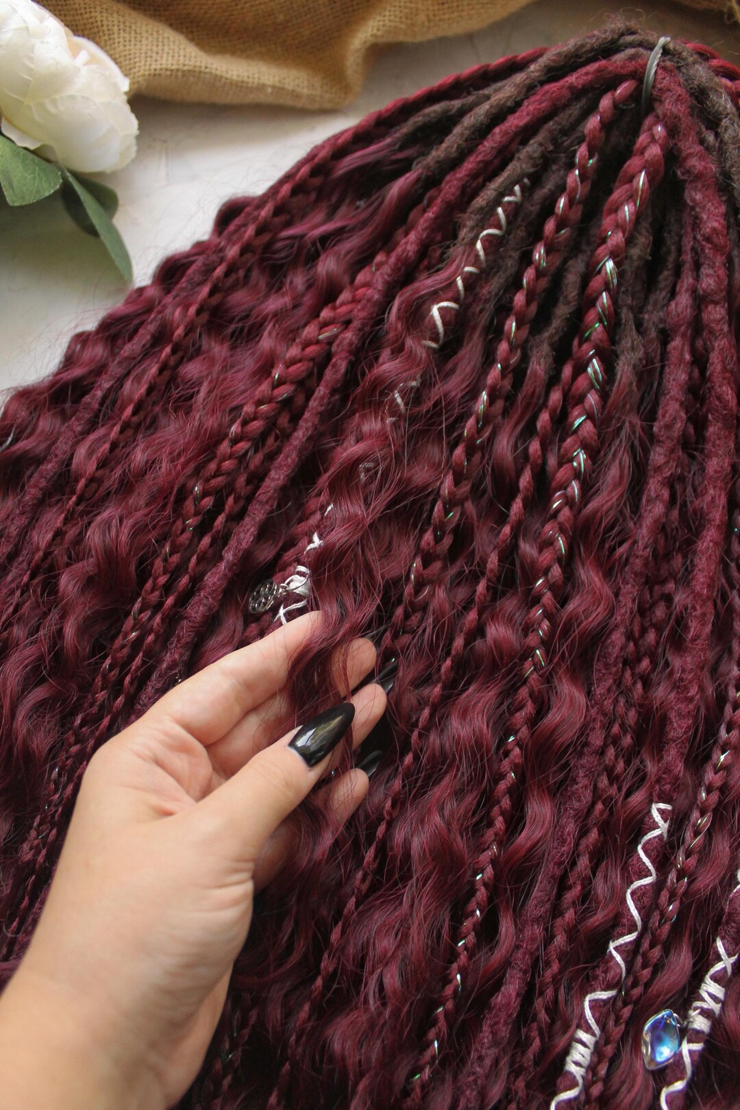 Set "burgundy" Curly Synthetic Crochet Dreadlock Hair Extensions Boho ...