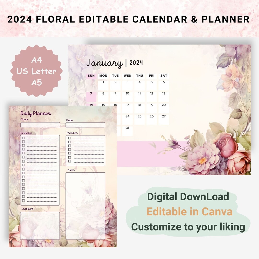 Editable Calendar 2024 Calendar Editable Template Floral 2024 Calendar ...