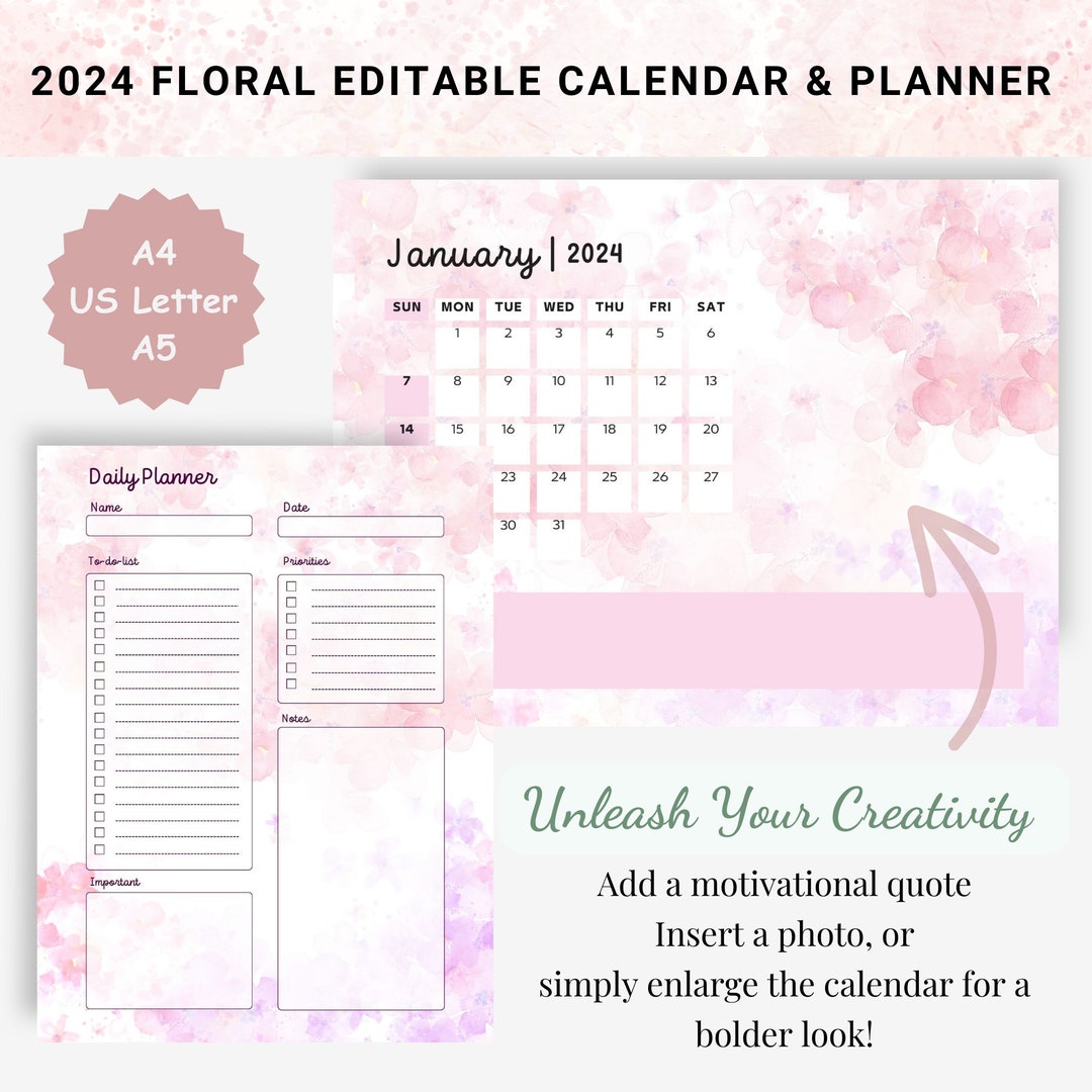 2024 Monthly Calendar Template Watercolor Desk Calendar 2024 Floral ...