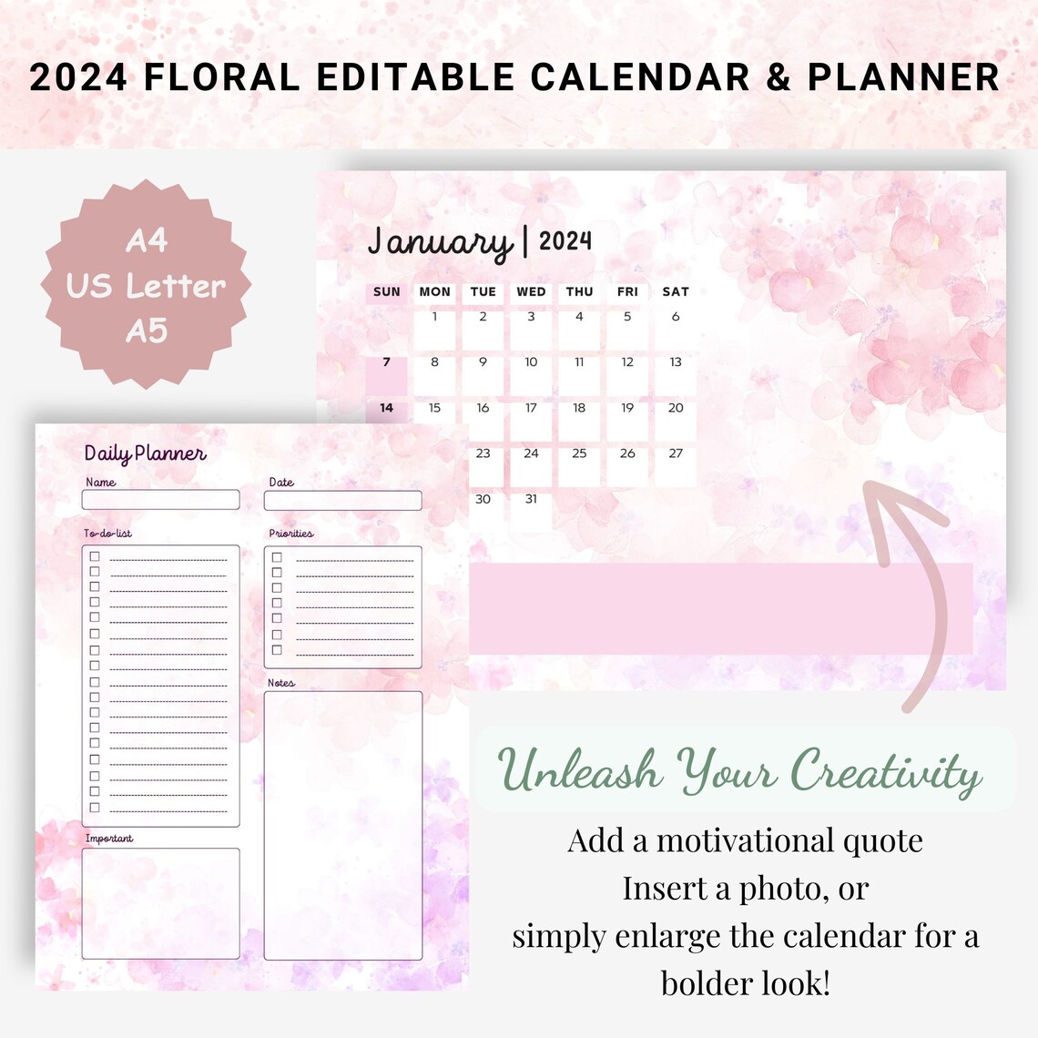 2024 Monthly Calendar Template Watercolor Desk Calendar 2024 Floral ...