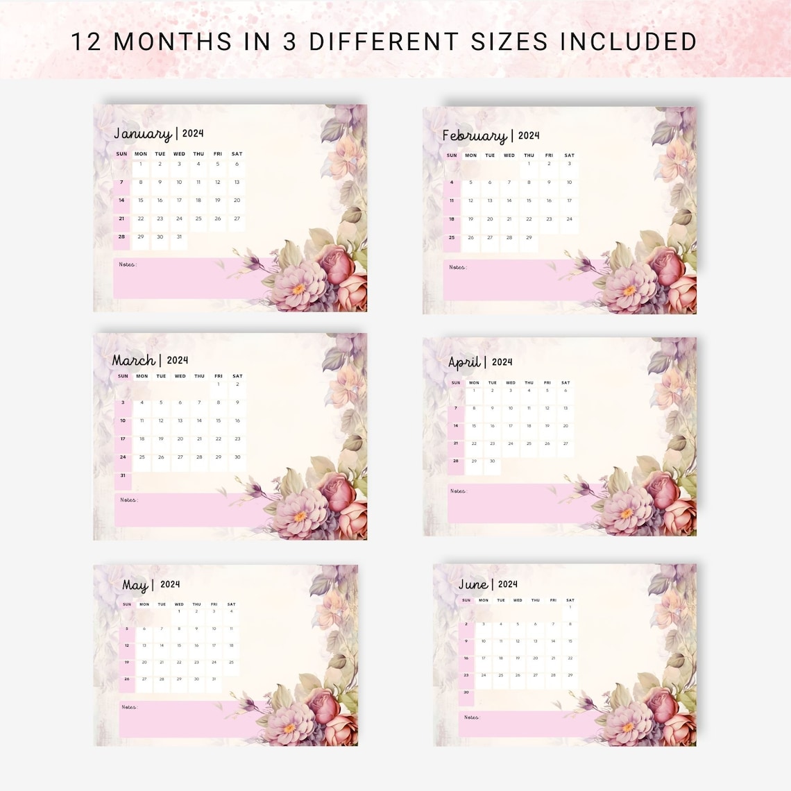 Editable Calendar 2024 Calendar Editable Template Floral 2024 - Etsy