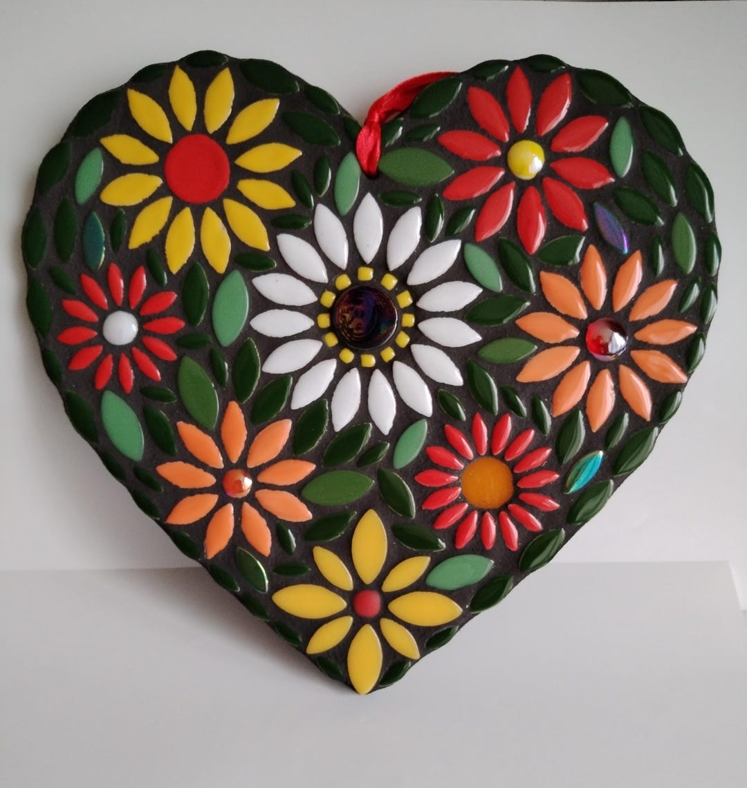 Flower Heart, Handmade Mosaic Heart, Floral Art, Wall Art, Hanging ...