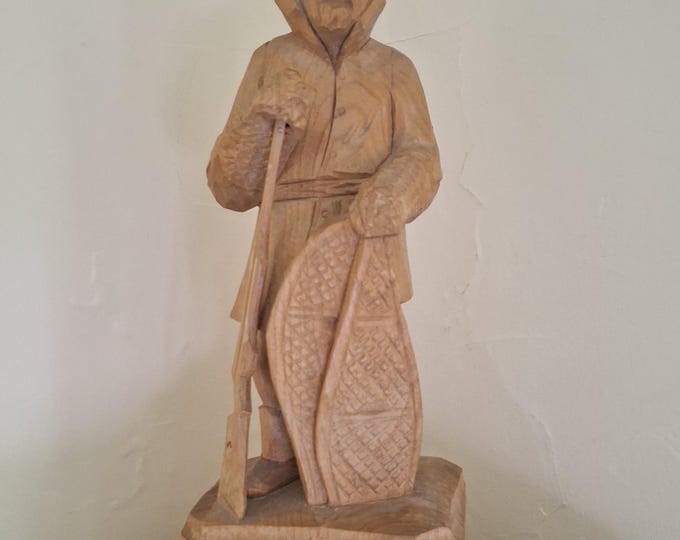 Vintage Caron Hand Carved Wood Sculpture, Old Man Hunter With Snowshoes ...