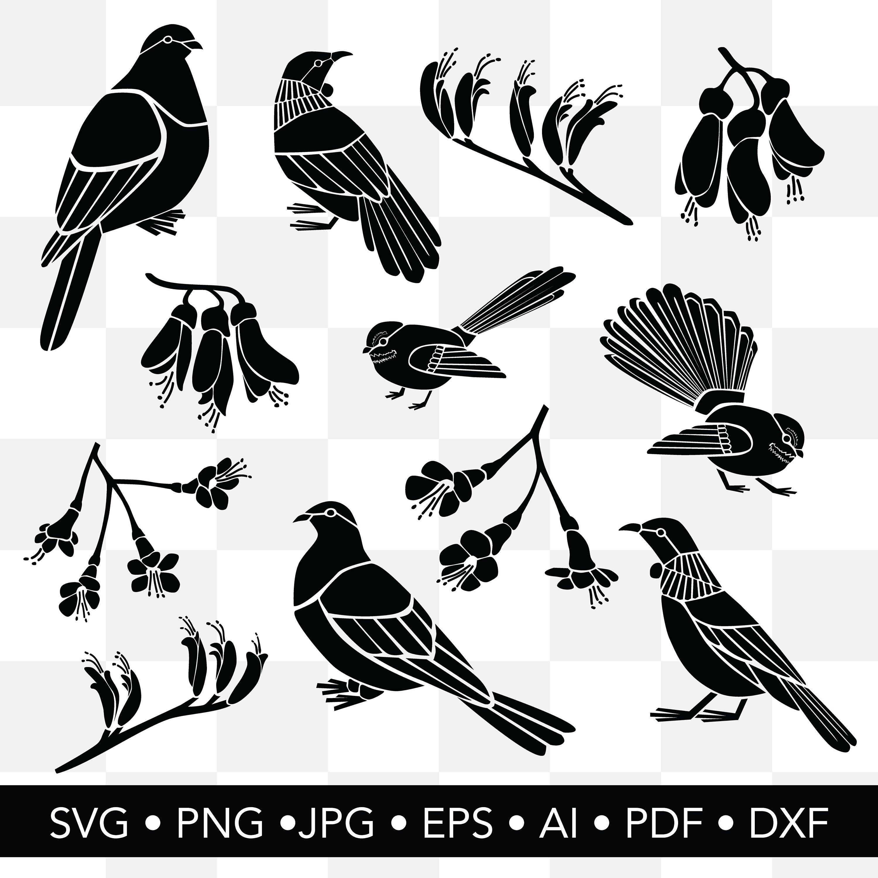 New Zealand Birds and Flowers Stencils Bundle: Tui, Fantail, Kowhai ...