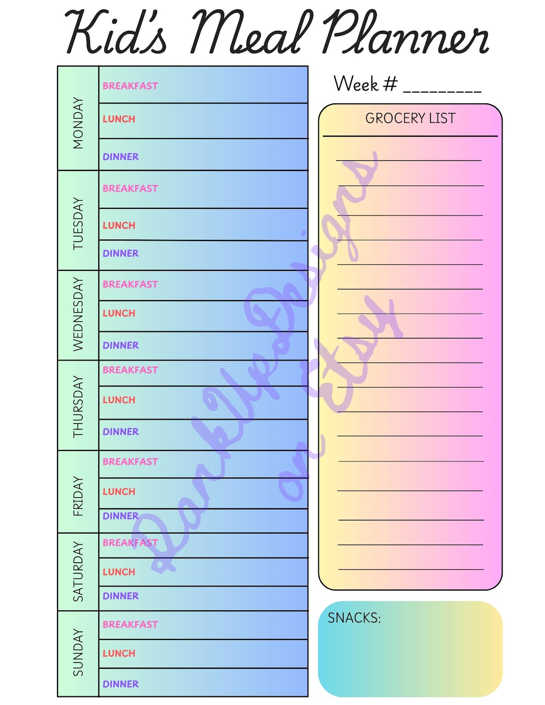 Printable Kid's Meal Planner: Colorful Meal Ideas List (PDF Download ...