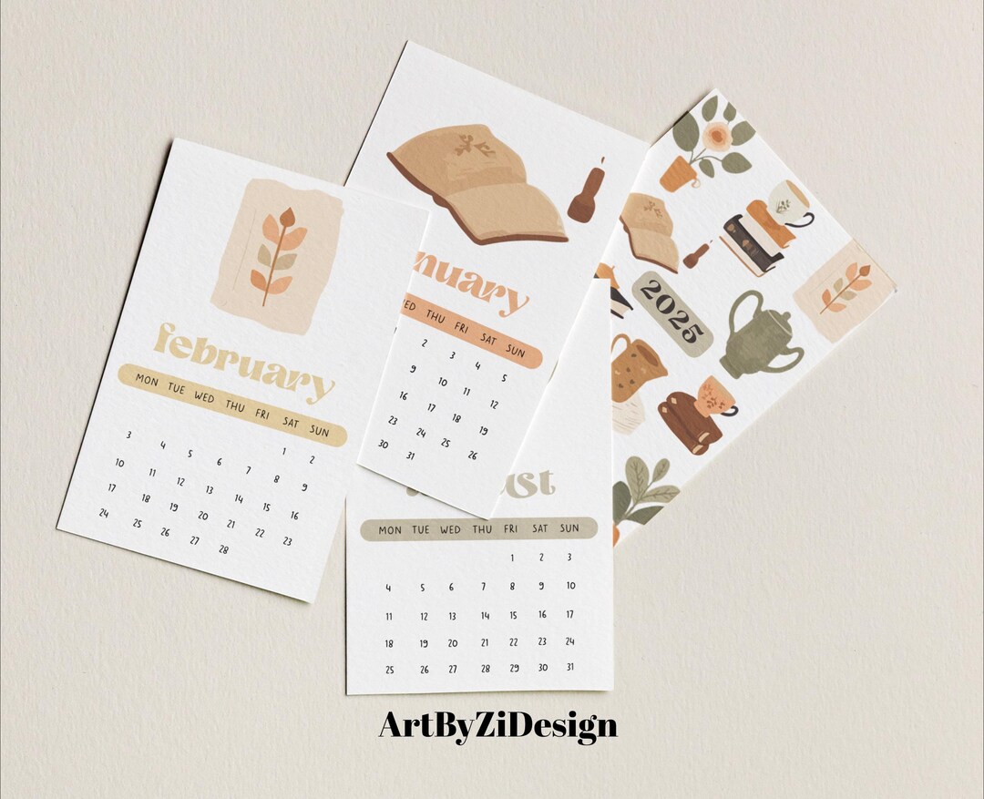 Printable 2025 Mini Calendar Monthly Vintage Illustration | Cute ...