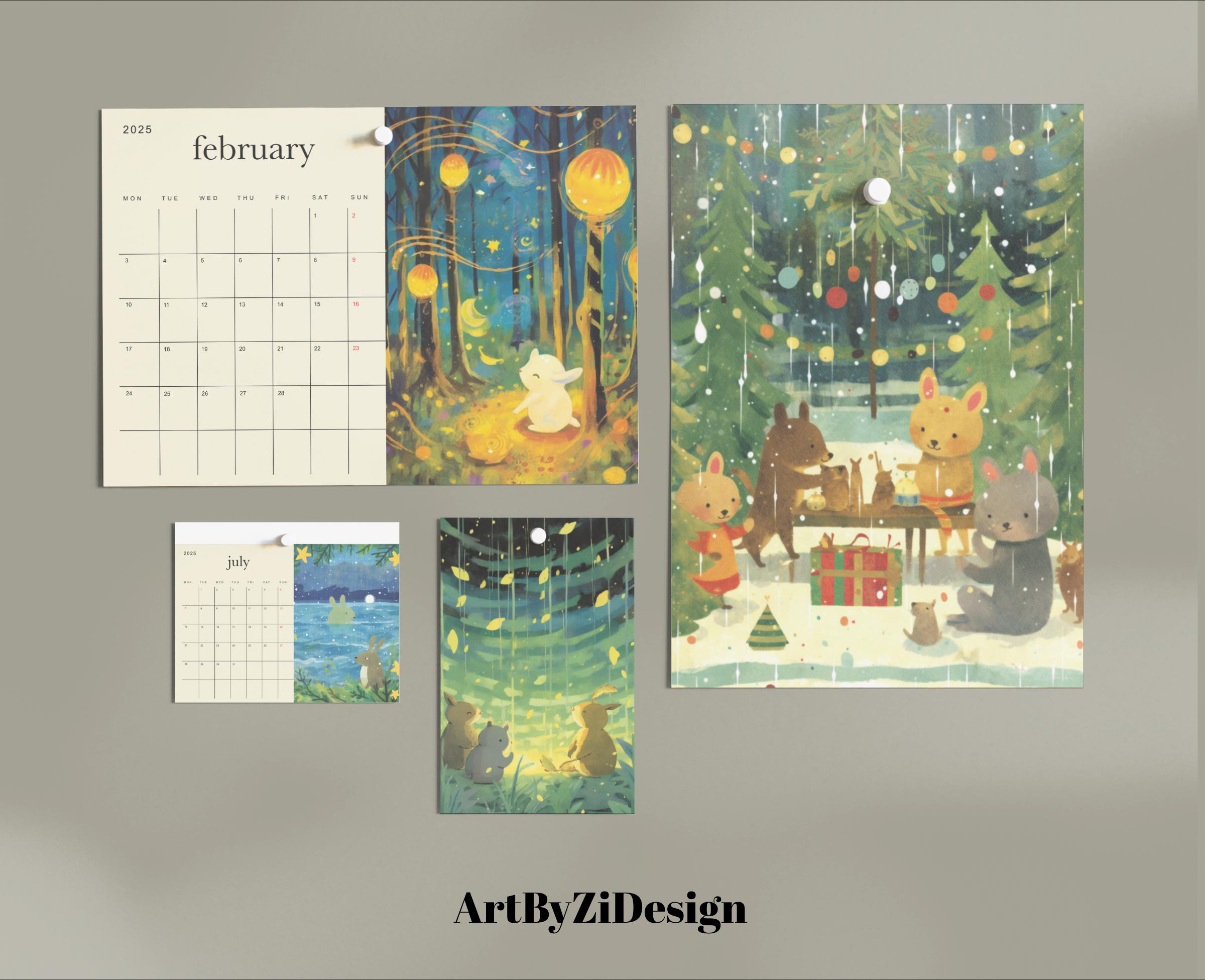 2025 Wall Calendar Printable Cute Illustration Landscape Monthly ...