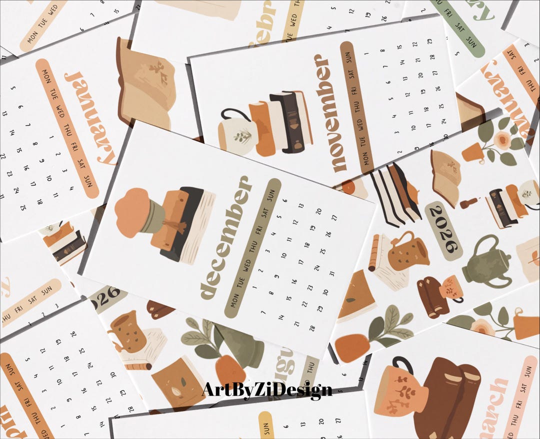 Printable 2026 Mini Calendar Monthly Vintage Illustration | Cute ...