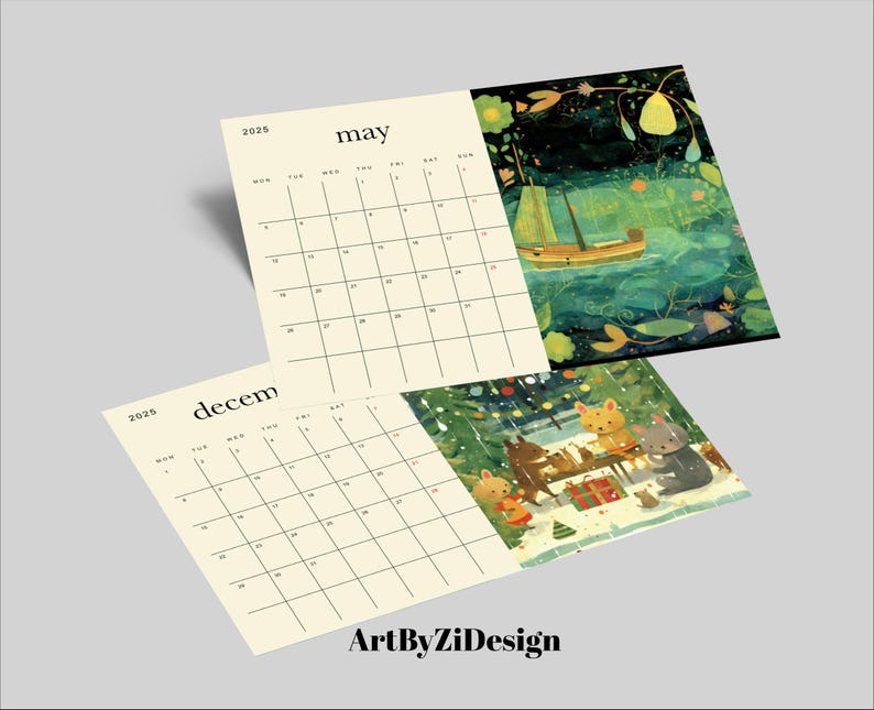 2025 Wall Calendar Printable Cute Illustration Landscape Monthly ...