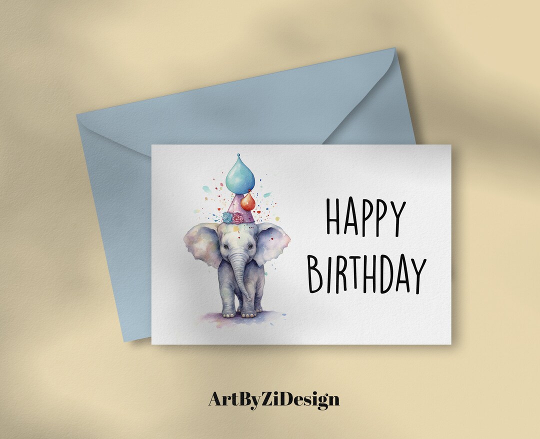 Cute Elephant Birthday Card Printable Birthday Card for Kid Watercolor ...