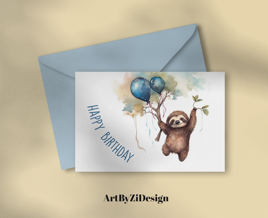 Cute Sloth Birthday Card | Printable Birthday Card for Kid | Watercolor ...