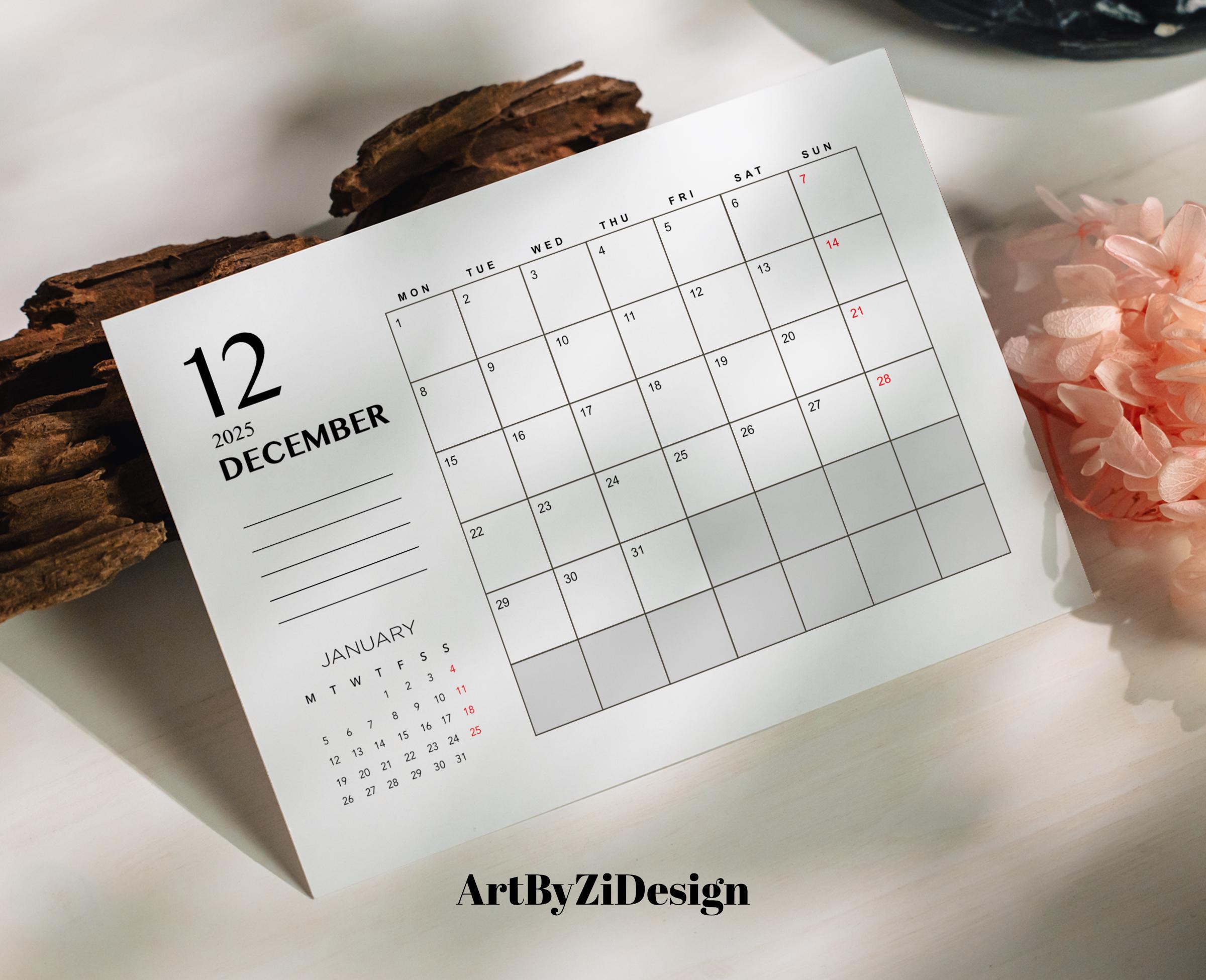 Printable Desk Calendar 2025, 7x5 Horizontal With Note and Next Month ...