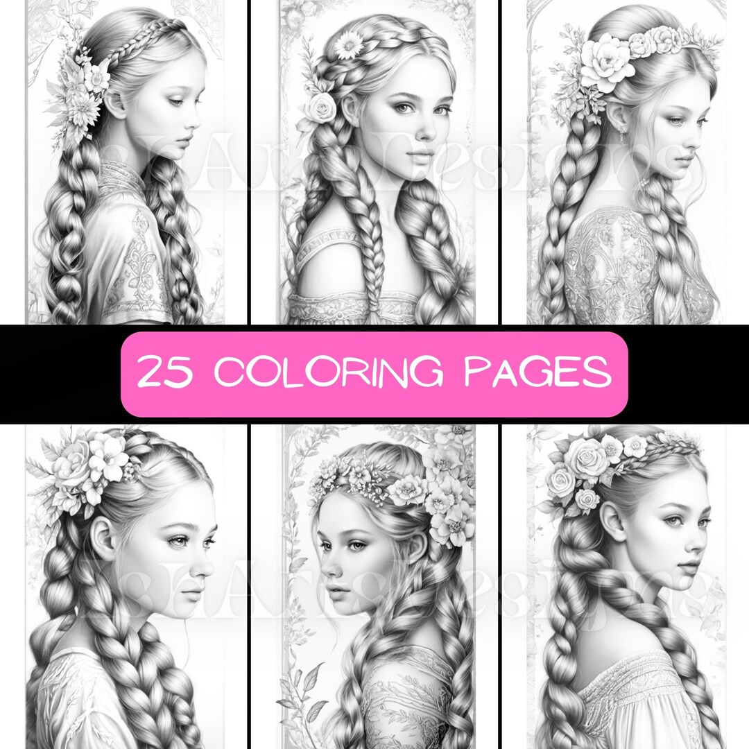25 Braided Hair Coloring Book PDF,JPG Romantic Fairy Girl Coloring ...
