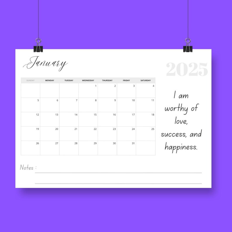 2025 Calendar Template 8.5 X 11 Inch Withe Monthly Affirmations PDF ...